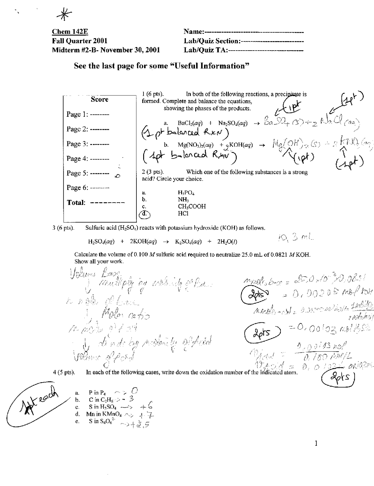 Midterm Exam 2 Questions With Solutions General Chemistry Chem 142
