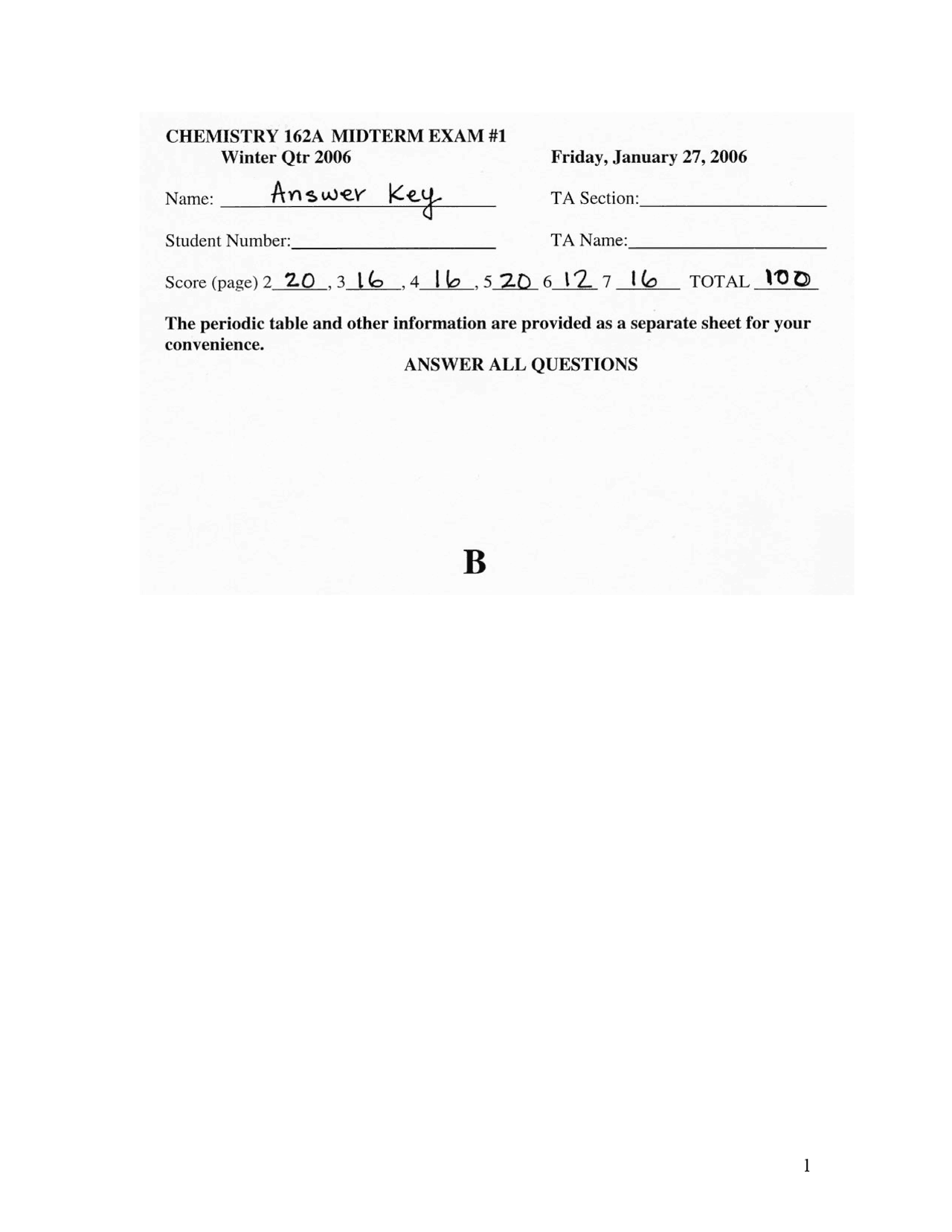 Midterm Exam with Solution - General Chemistry | CHEM 162 - Docsity