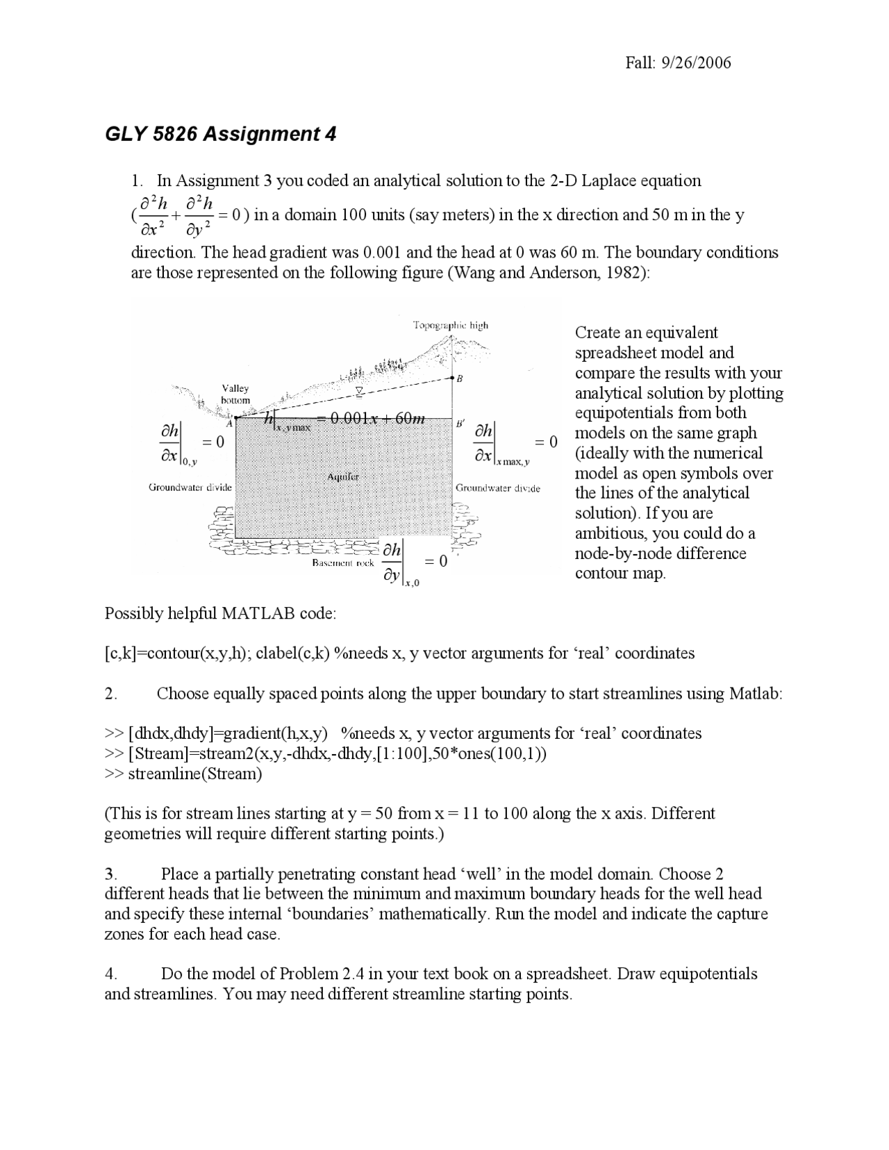 Matlab Code Draw Equipotential And Streamlines Assignment 4 Gly 5826 Docsity