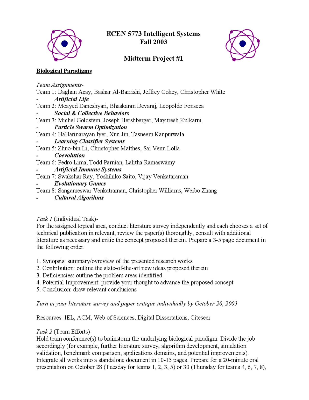Midterm Team Project 1: Biological Paradigms | ECEN 5773 - Docsity