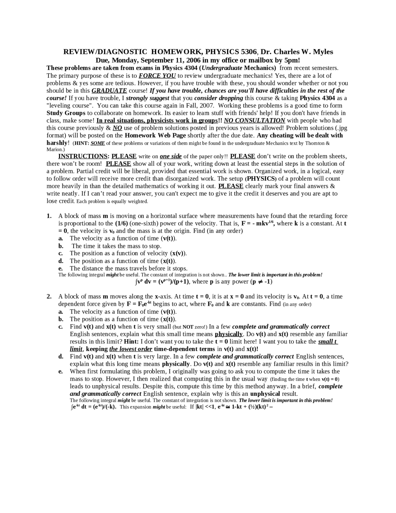 Review Diagnostic Homework Classical Dynamics Phys 5306 Docsity