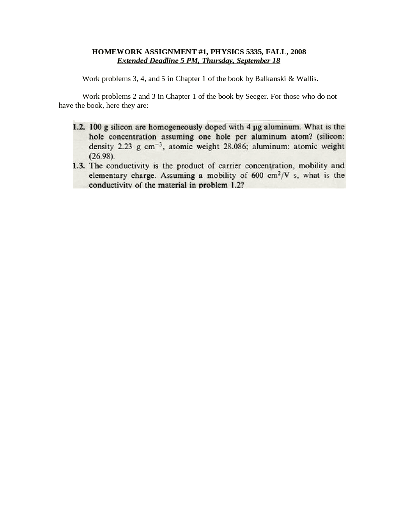 Assignment 1 Physics Of Semiconductors Phys 5335 Docsity