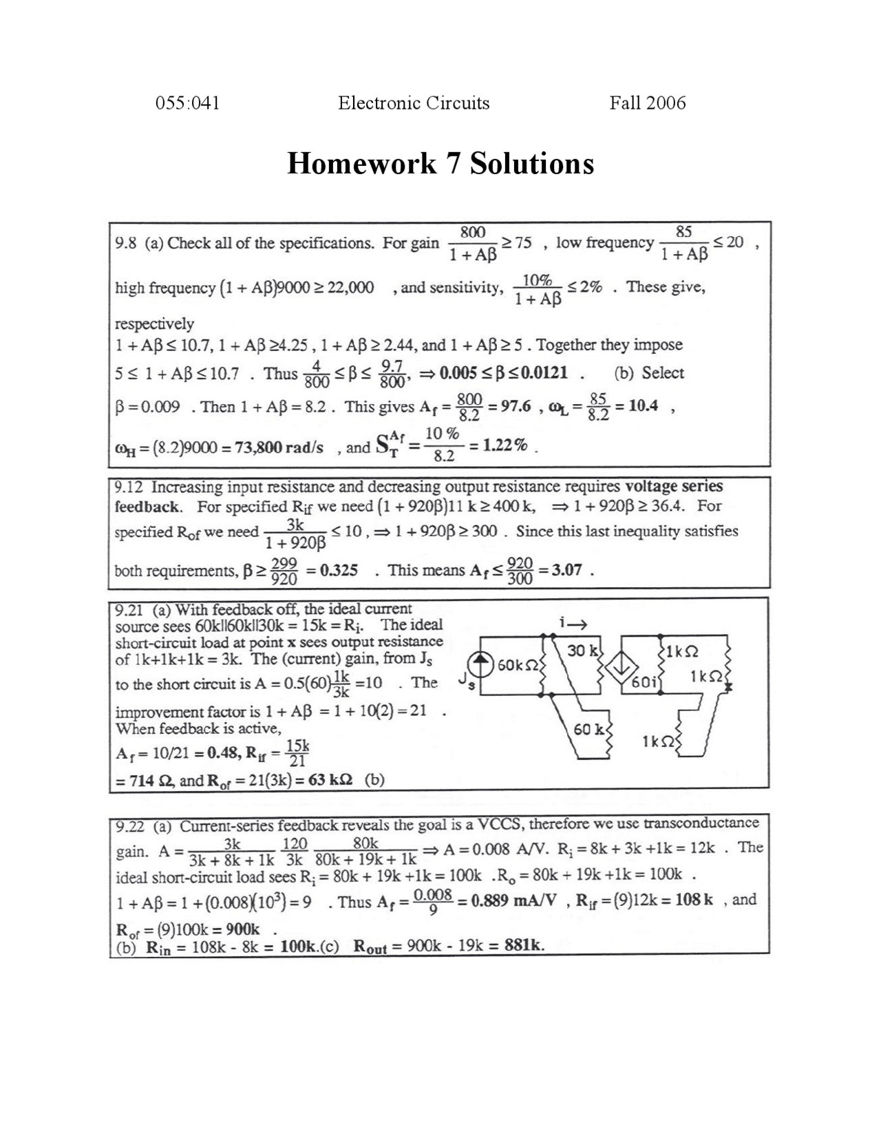 Homework 7 Solutions Electronic Circuits 055 041 Docsity