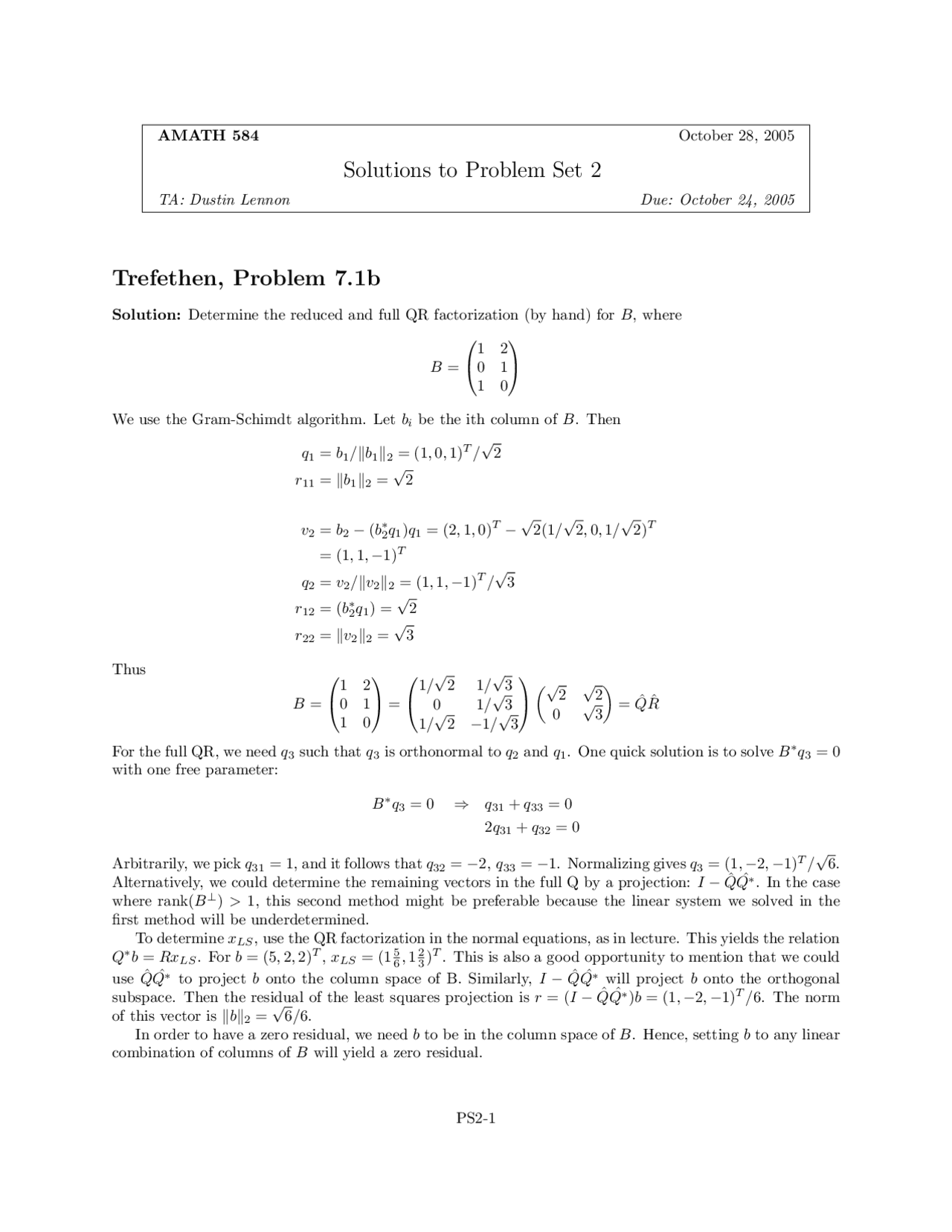 Solutions To Problem Set 2 Applications Of Linear Algebra Amath 584