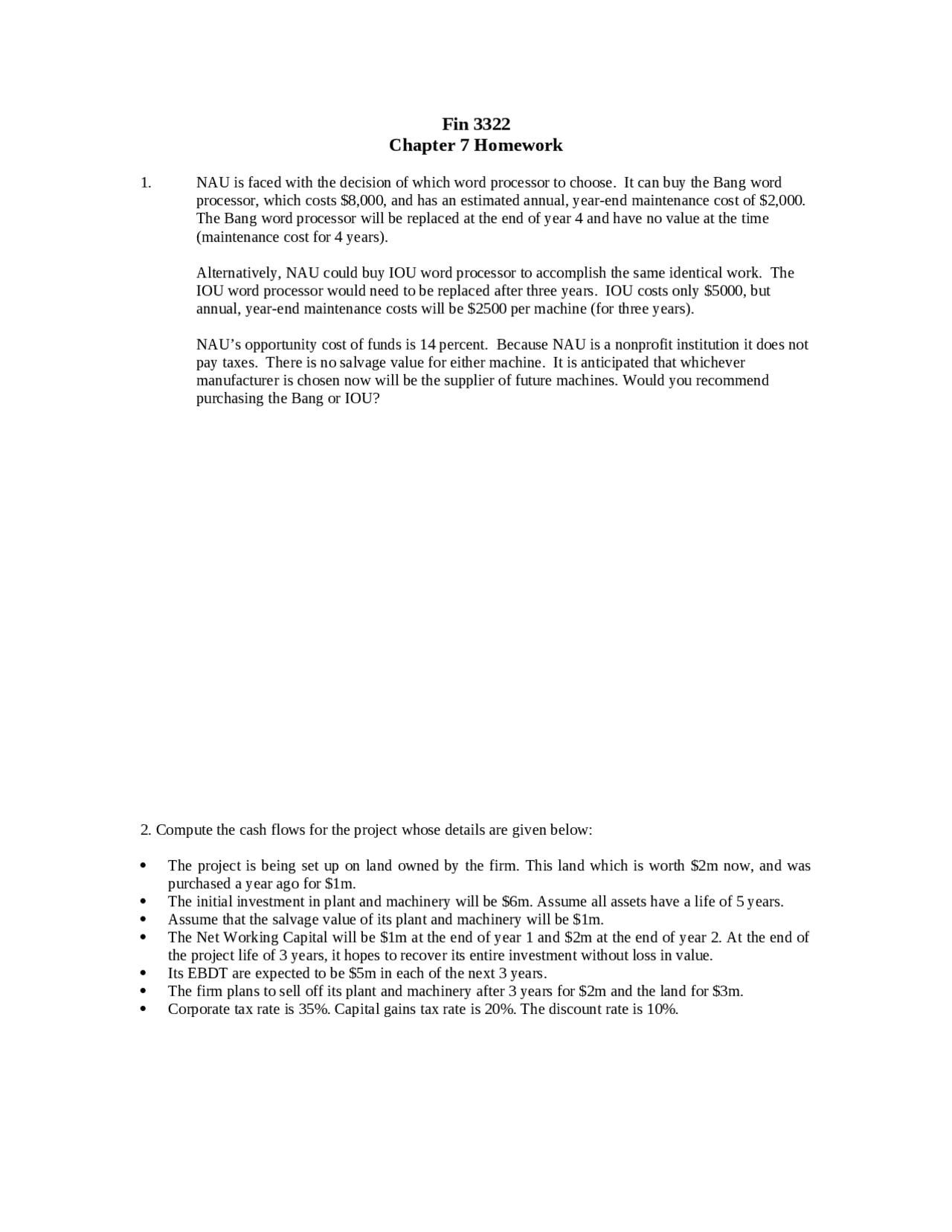 Chapter 7 Assignment Corporation Finance I Fin 3322 Docsity