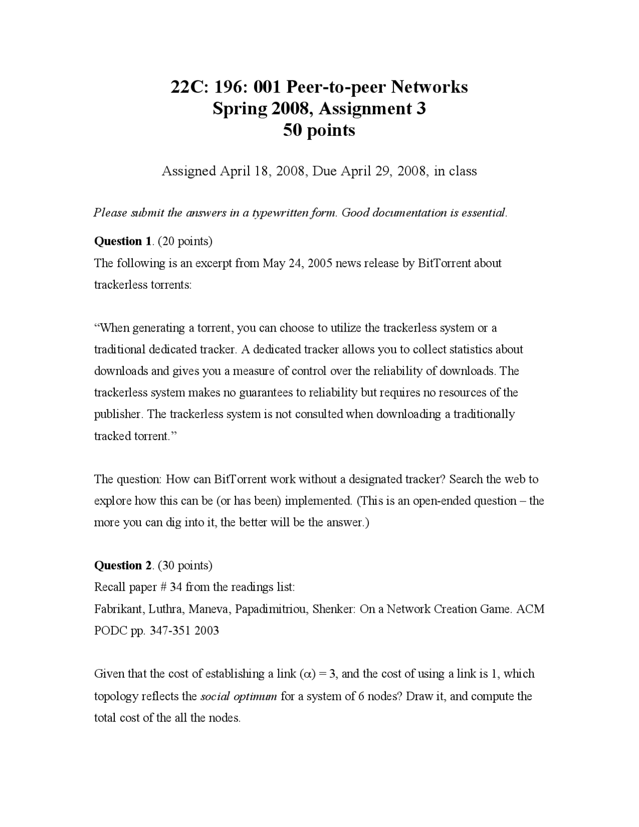 Assignment 3 on Peer-to-Peer Networks | 22C 196 - Docsity