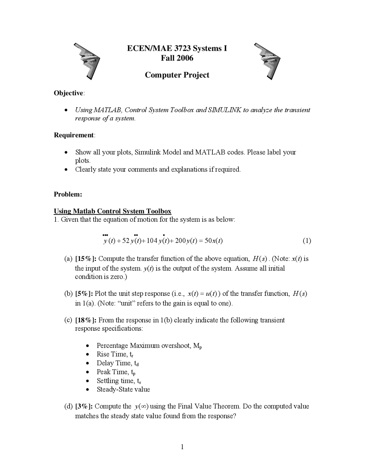 Using Matlab Control System Toolbox Computer Project Mae 3723 Docsity