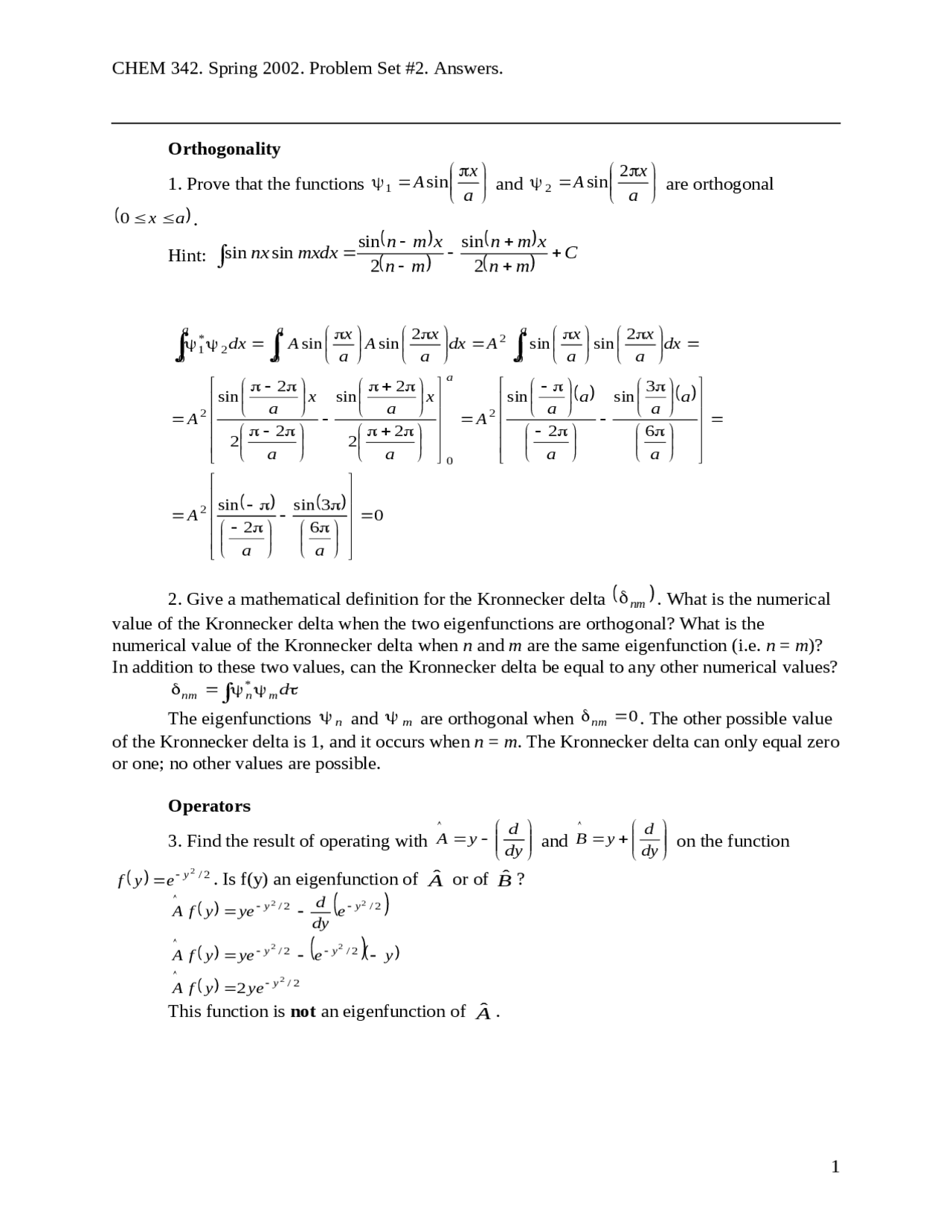 Problem Set 2 With Answers Physical Chemistry Ii Chem 3420 Docsity