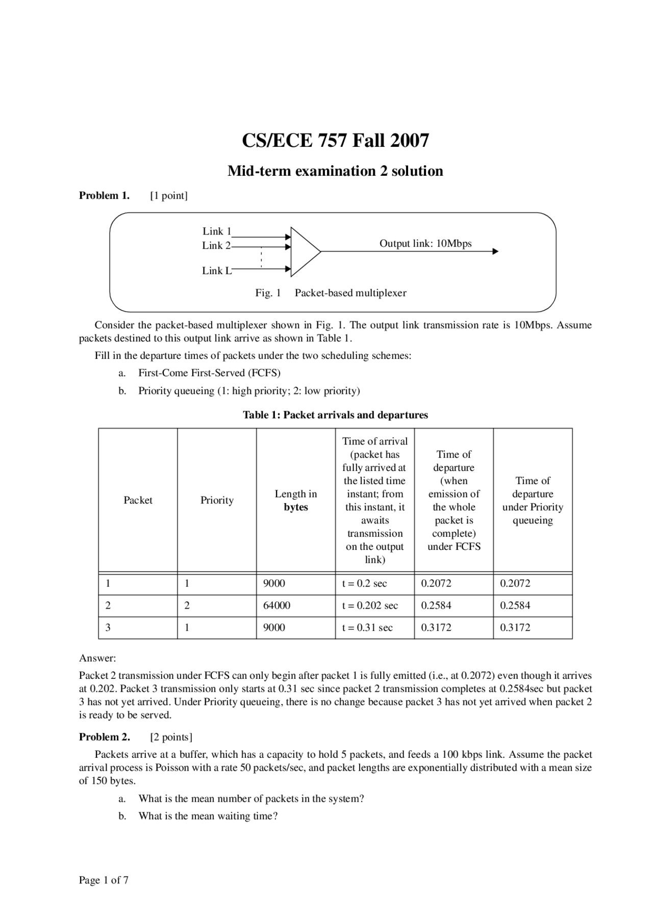 Midterm Exam 2 With Solutions Computer Networks 2007 Ece 7457 Docsity