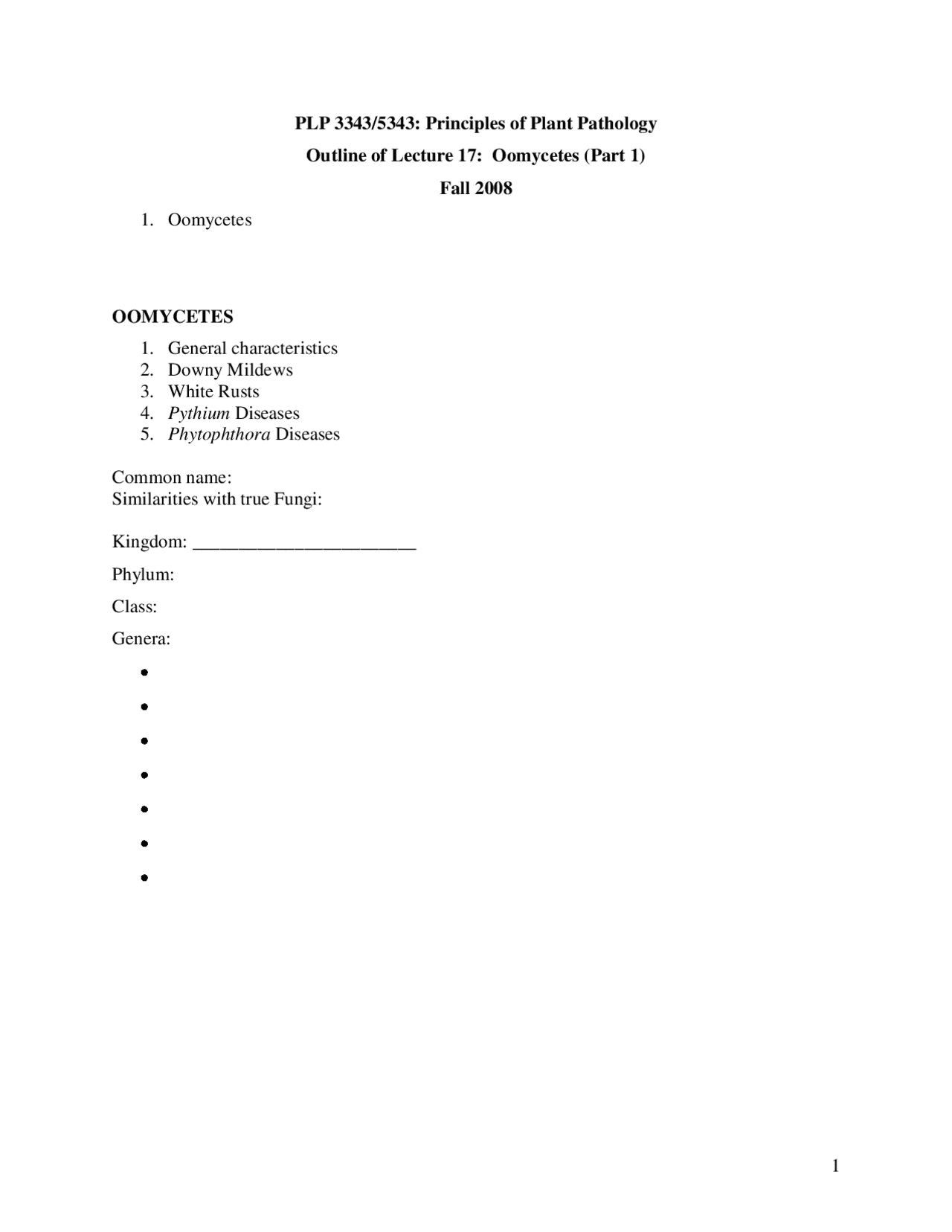 Oomycetes Outline Principle Of Plant Pathology Plp 3343 Docsity