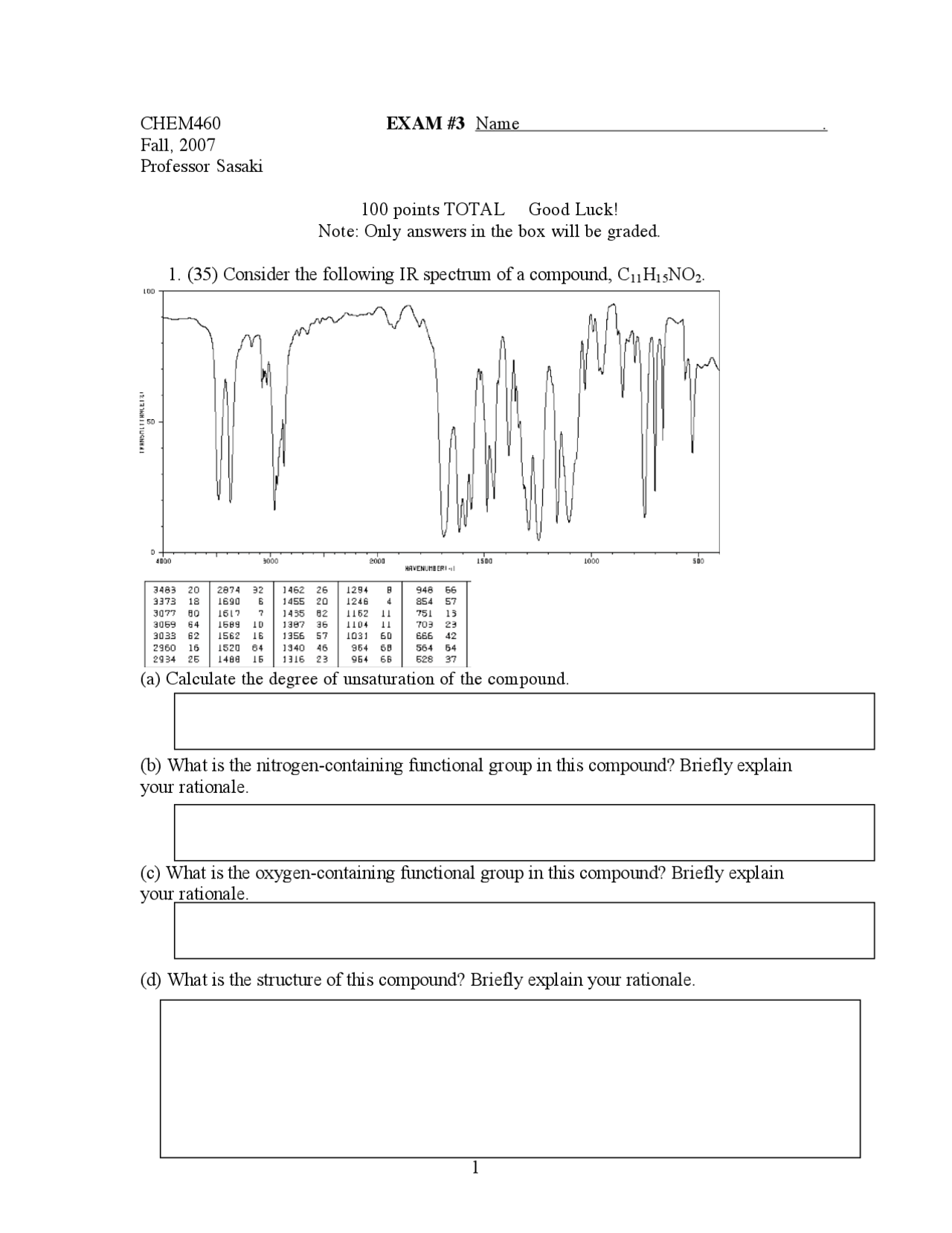 Exam 3 Sample Questions Spectroscopic Molecular Identification 2007