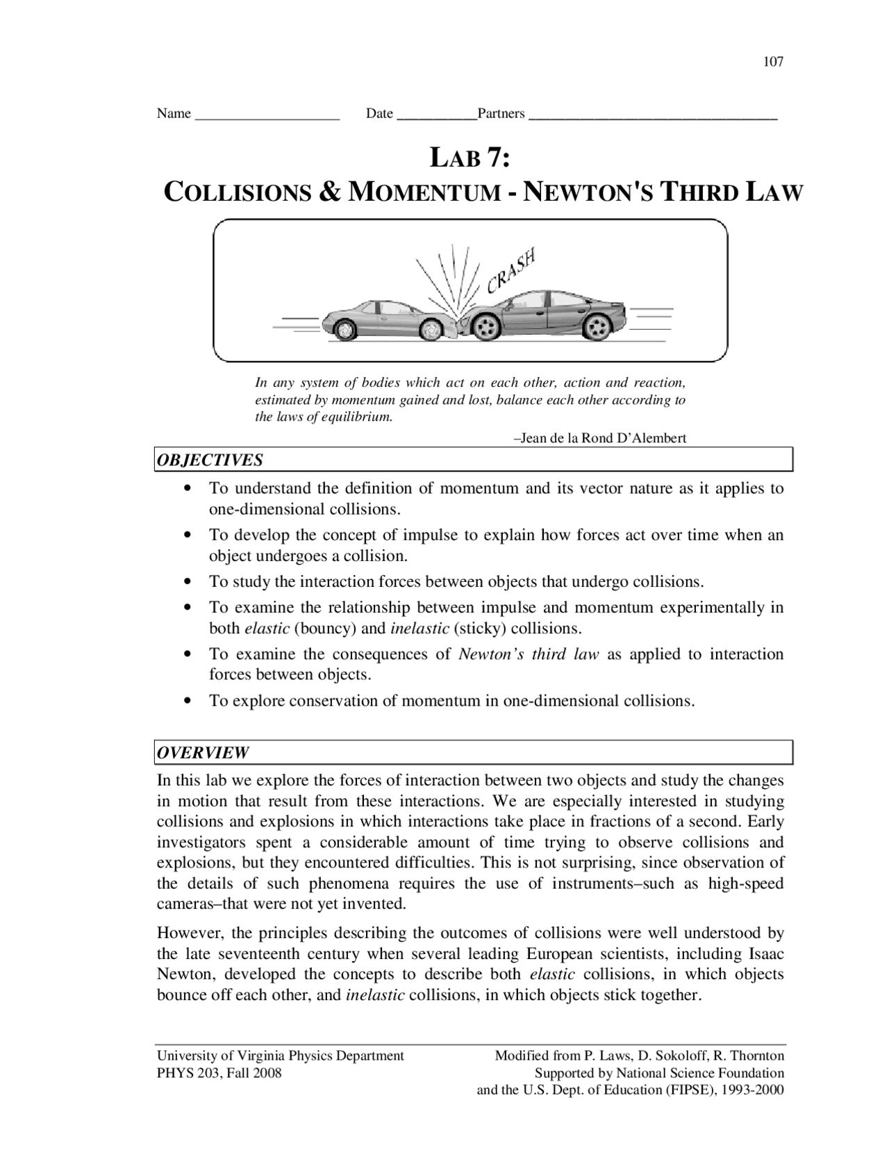 Collisions and Momentum, Newton's Third Law - Lab 7 | PHYS 2030 - Docsity