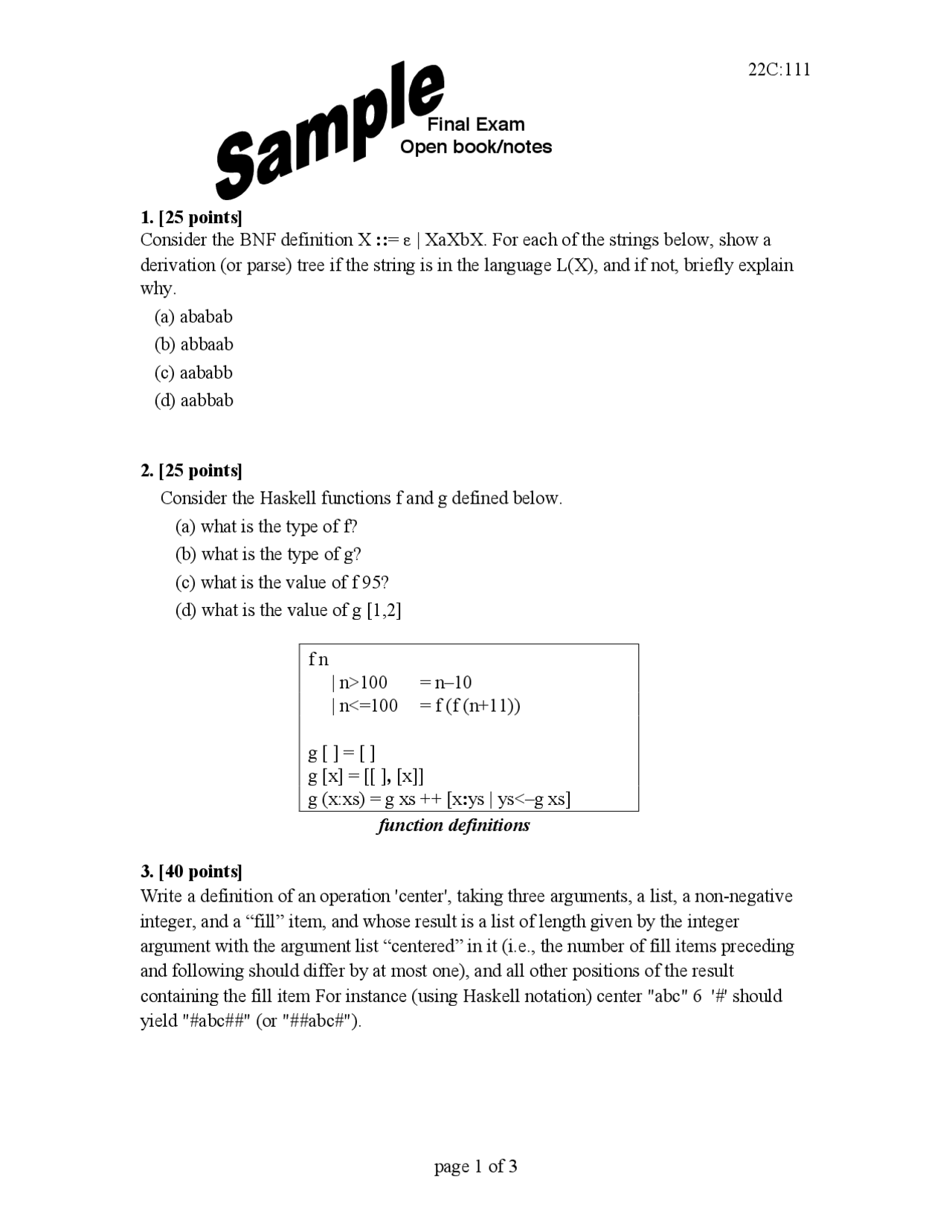 Final Exam Problems Programming Language Concepts 22c 111 Docsity