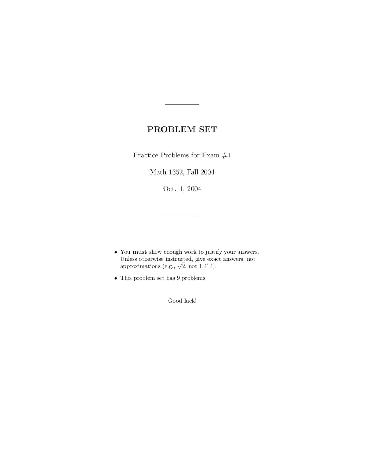 Practice Problems For Exam 1 Calculus Ii Honors Math 1352 Docsity