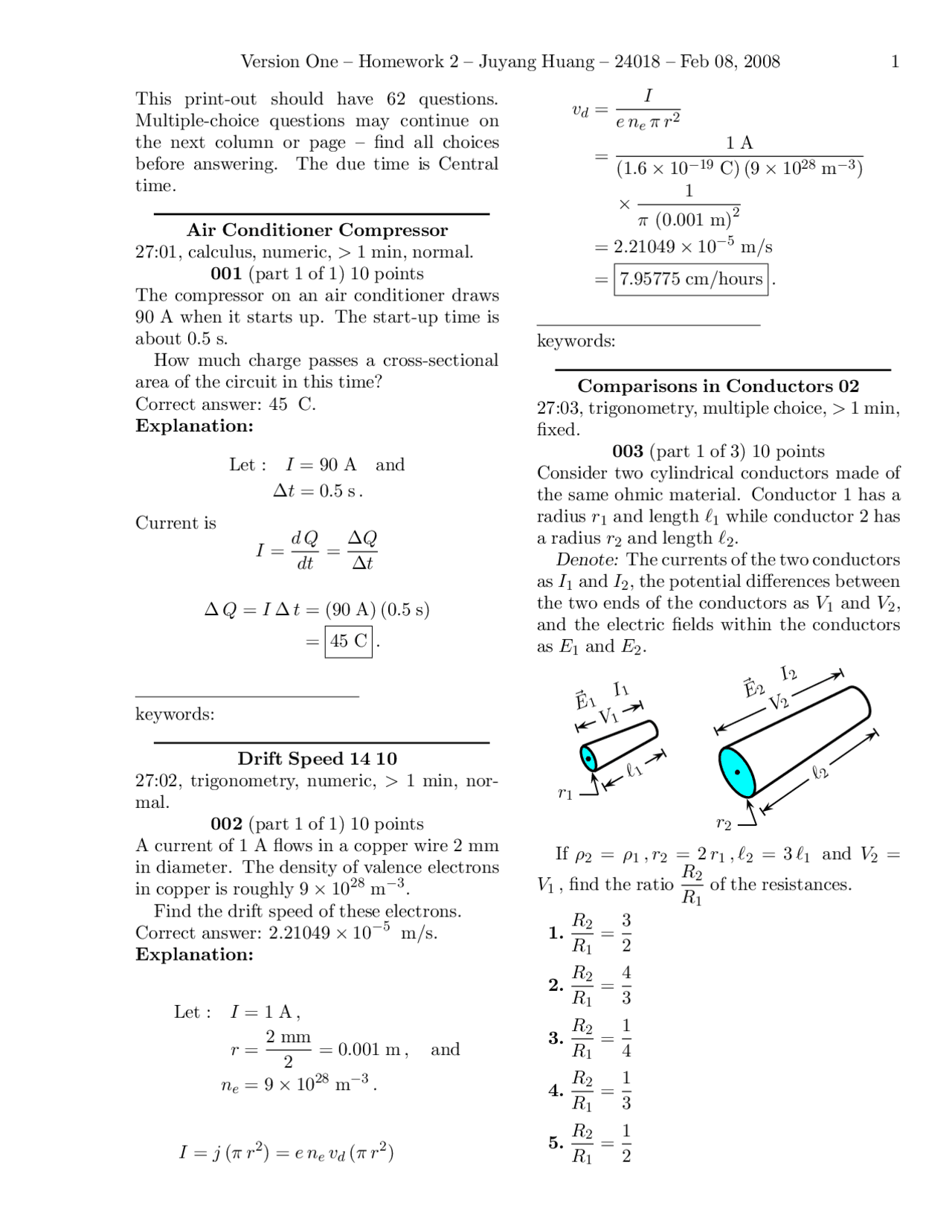 Principles Of Physics Ii Homework 2 With Solutions Phys 2401 Docsity