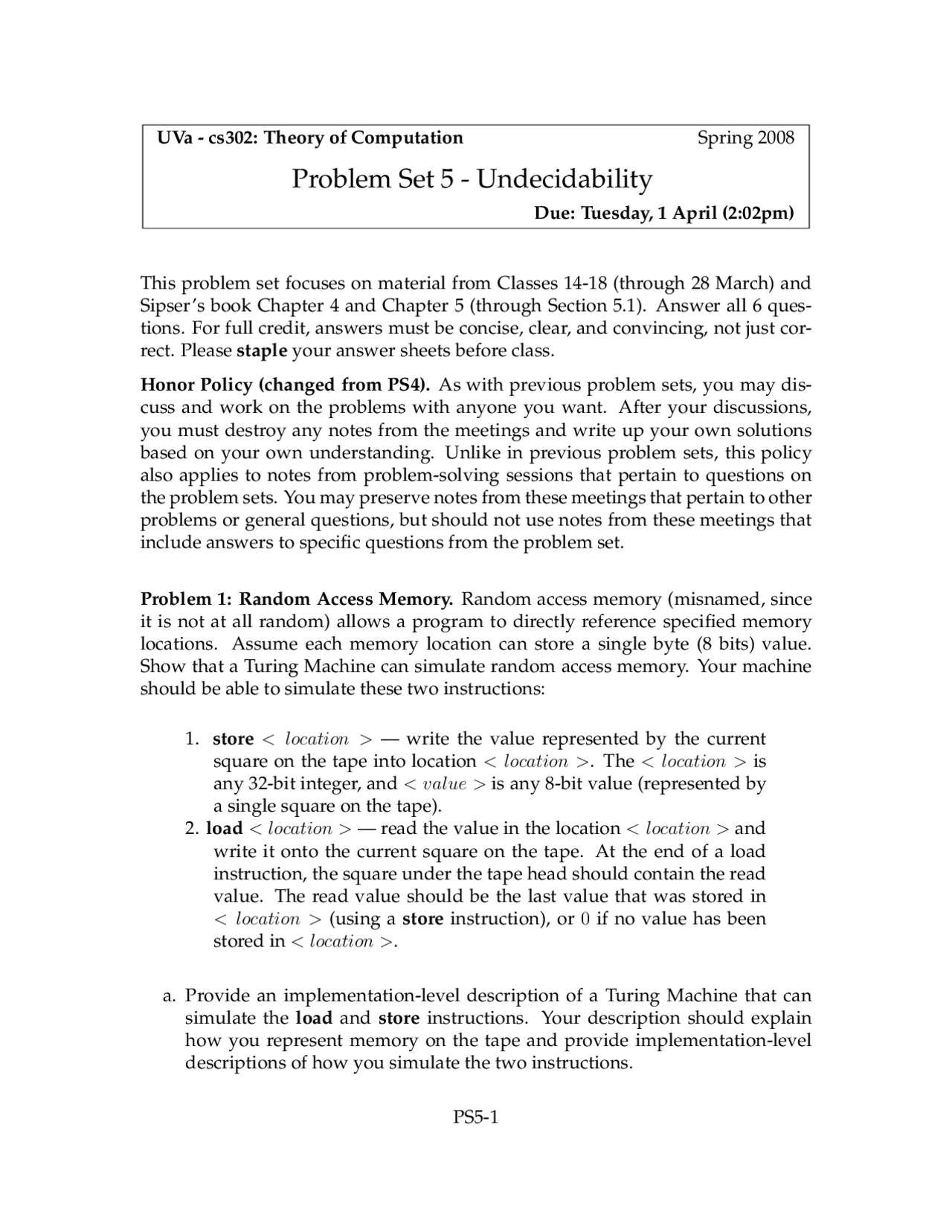 Problem Set 5 Undecidability Theory Of Computation Cs 3102 Docsity
