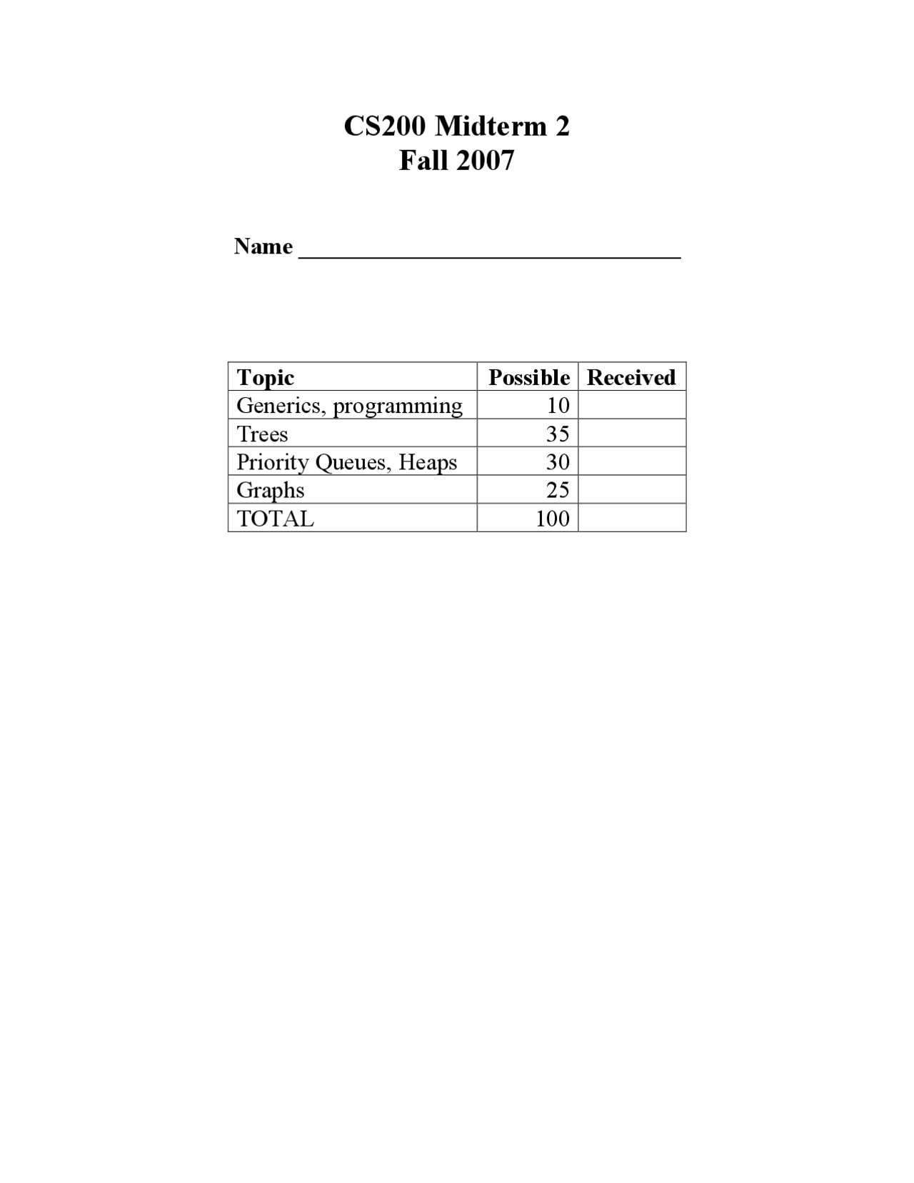 Unsolved Midterm Exam 2 Algorithms And Data Structures Cs 200 Docsity 3667