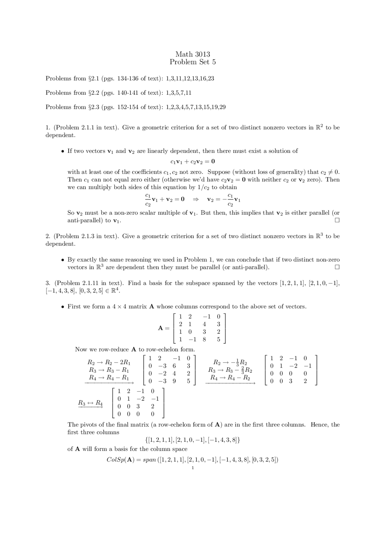 Problem Set 5 - Linear Algebra | MATH 3013 - Docsity