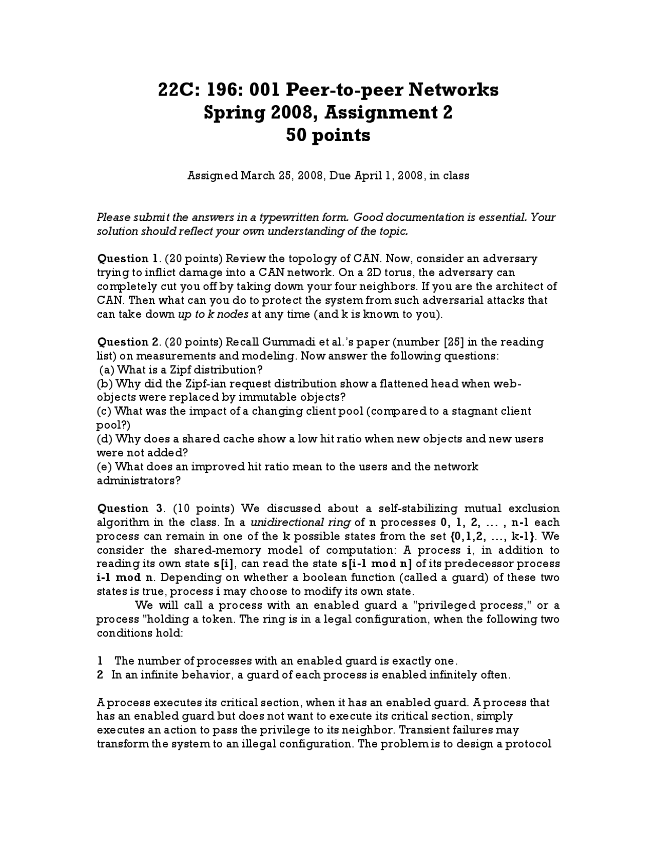 Peer-to-Peer Networks Assignment 2 for Spring 2008 - Prof. Sukumar Ghosh | Assignments Computer ...