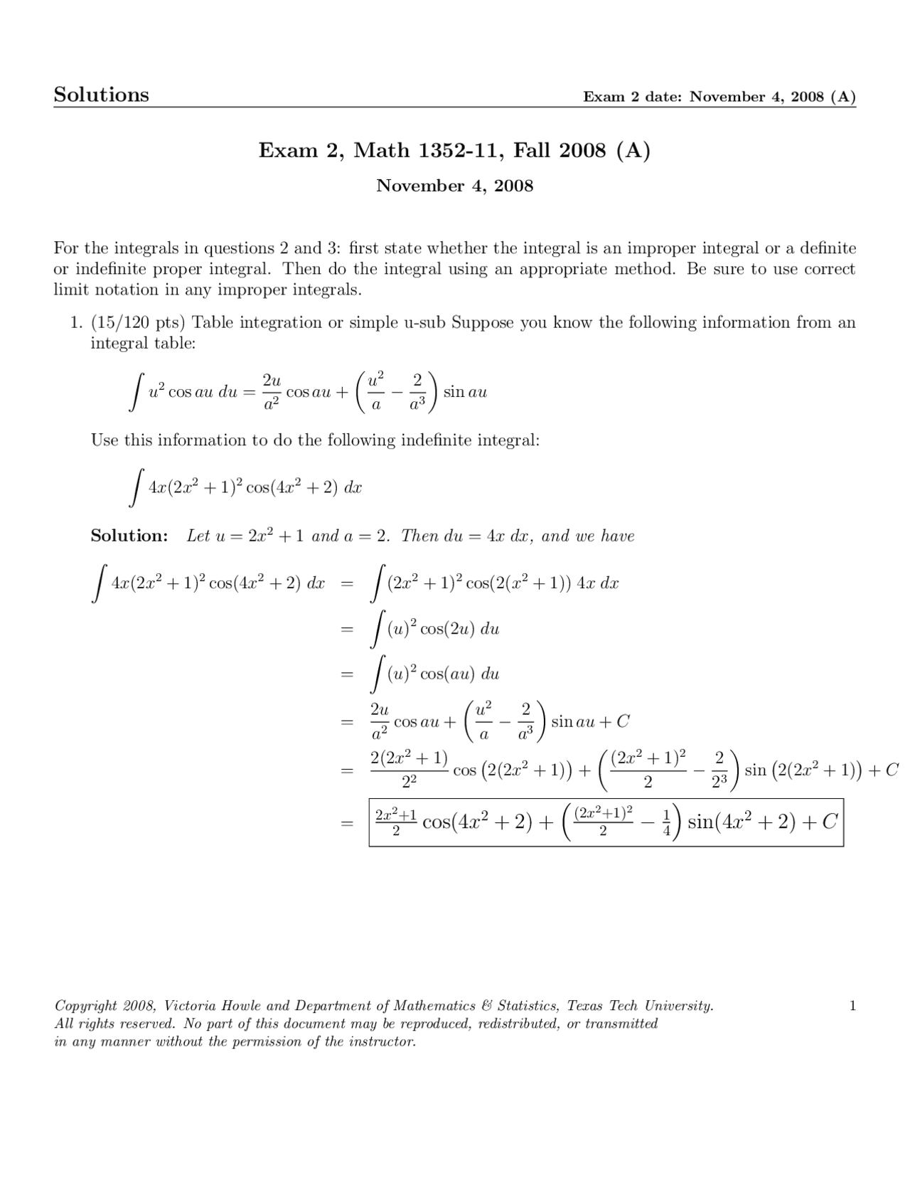 Exam 2 With Solutions Calculus Ii Honors Math 1352 Docsity