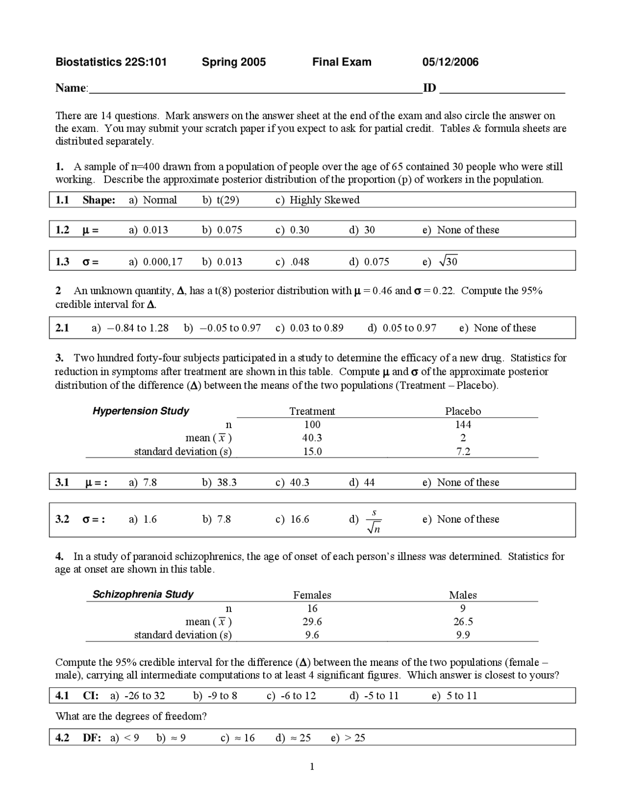 Final Exam With Answers Biostatistics 22s 101 Docsity