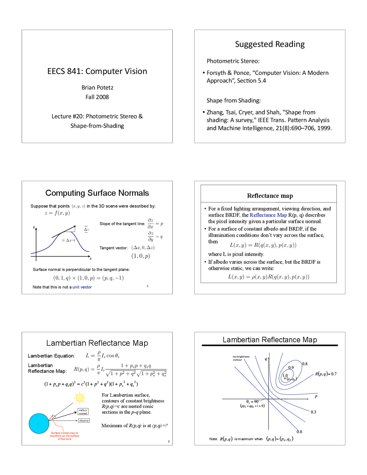 Lecture Slides On Photometric Stereo And Shape For Shading Eecs 841