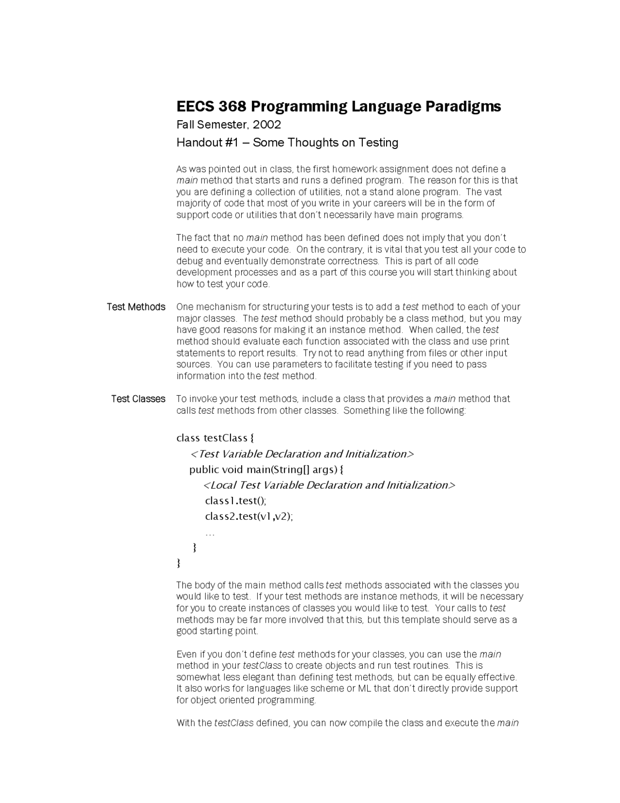 Handout Notes For Some Thoughts On Testing Fall 2002 Eecs 368 Docsity