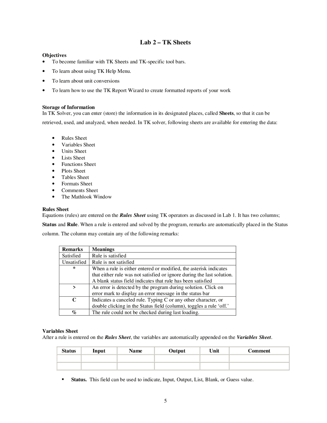 Laboratory 2: TK Sheets, Rules Sheet, Units Sheet | GTEC 1211 - Docsity