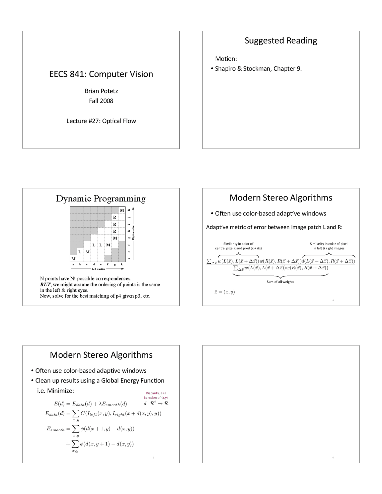 Optical Flow Computer Vision Lecture Slides Eecs 841 Docsity