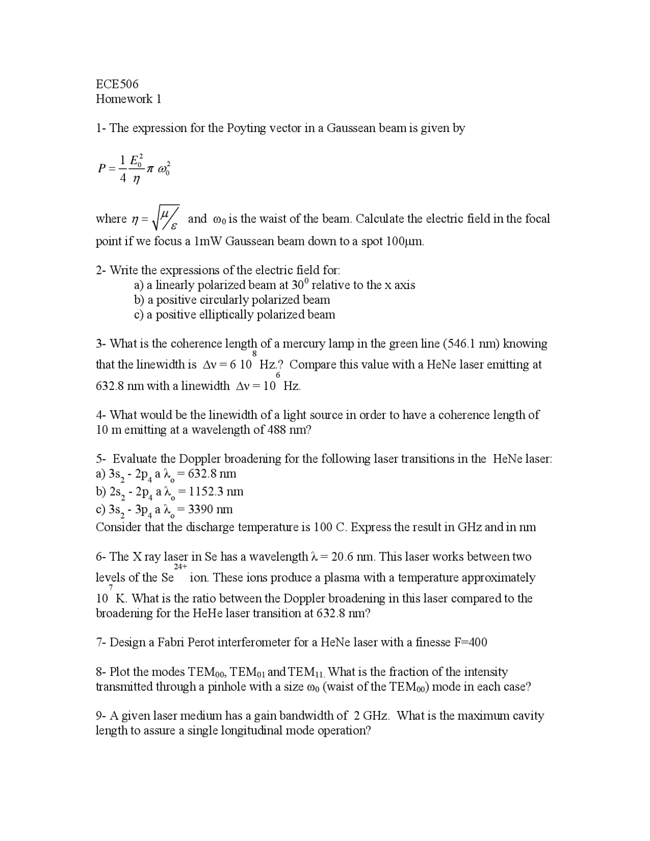 Homework 1 With Questions Optical Interferometry And Laser Metrology