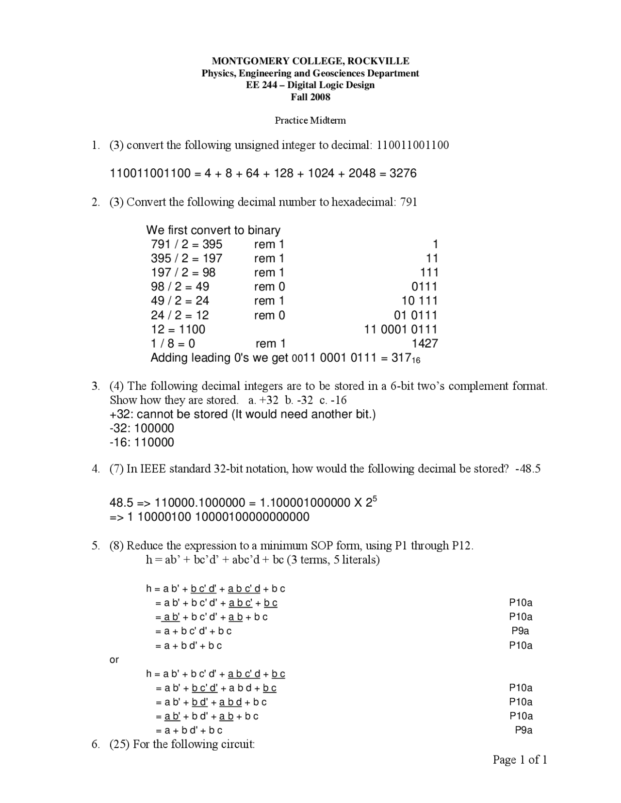 Practice Midterm Exam Digital Logic Design Ee 244 Docsity