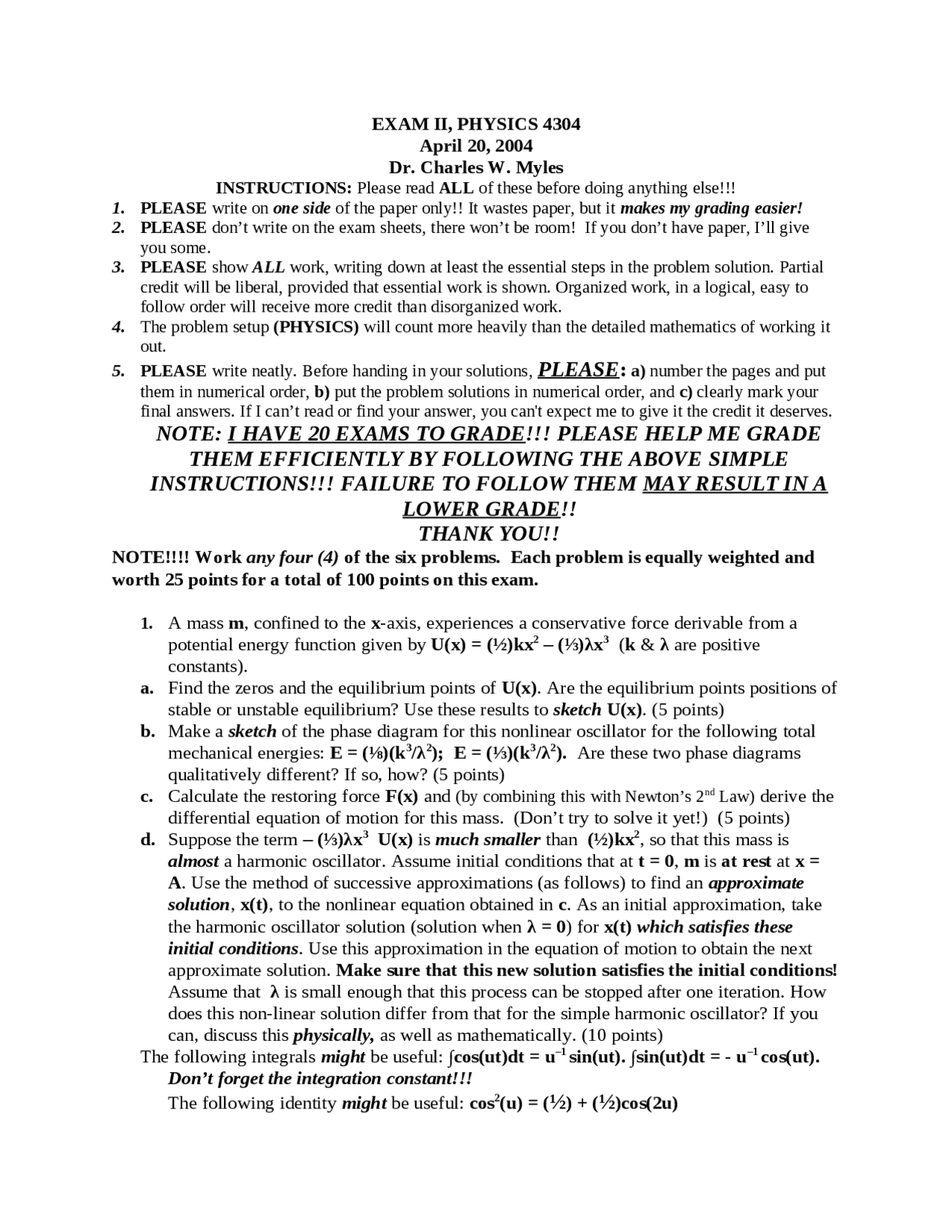 5 Solved Problems On Potential Energy Functions Exam Ii Phys 4304