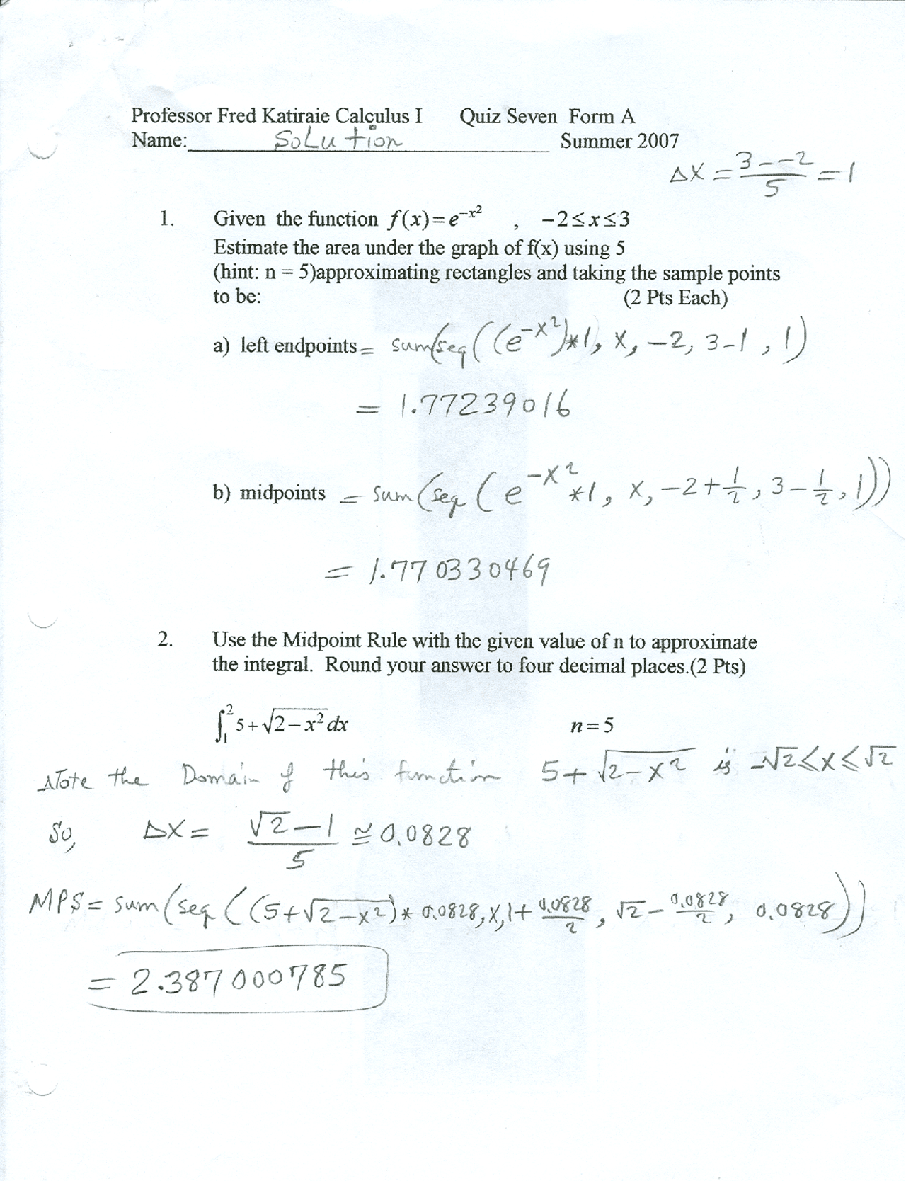 Quiz 7 Form A Solution - Calculus I | MA 181 | Quizzes Calculus | Docsity