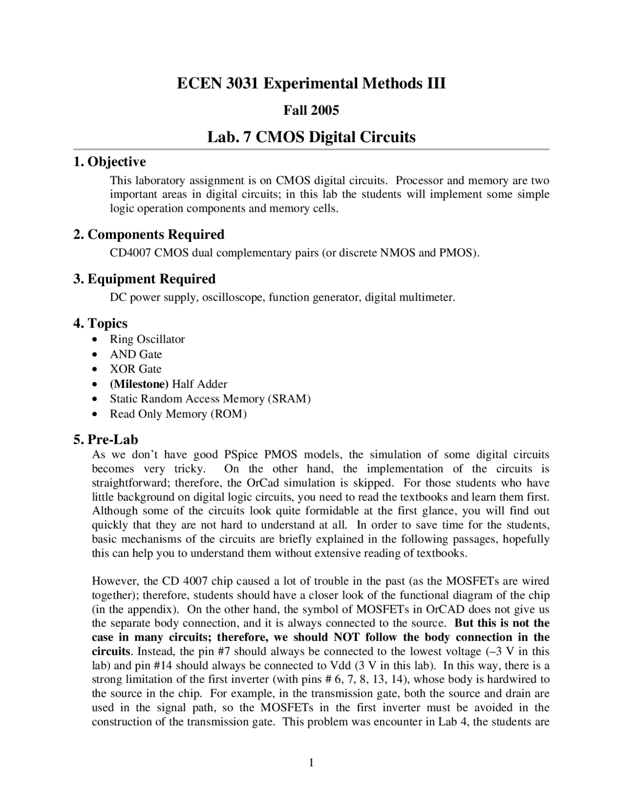 Lab 7 Cmos Digital Circuits Experimental Methods Iii Ecen 3031