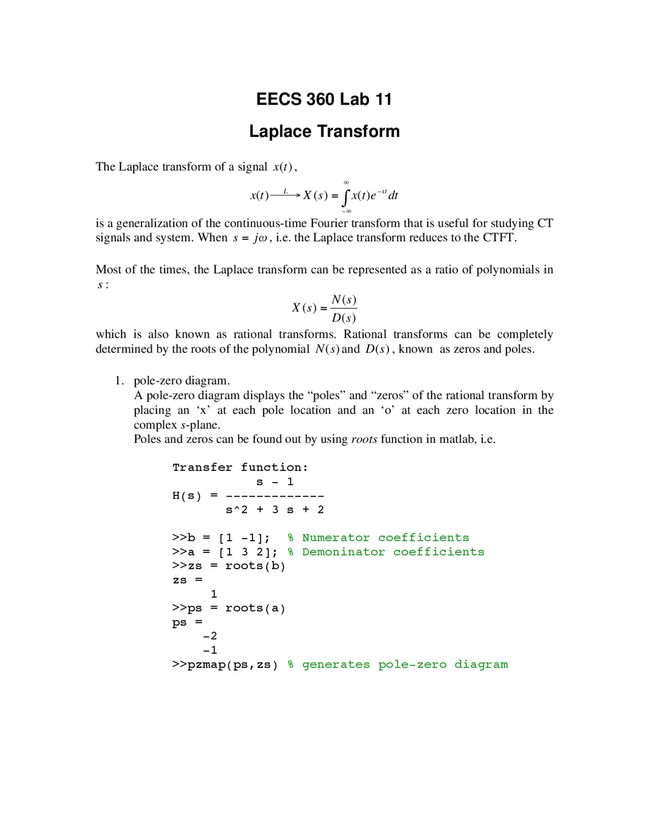 Laplace Transform Lab 11 Signal And System Analysis Eecs 360 Docsity