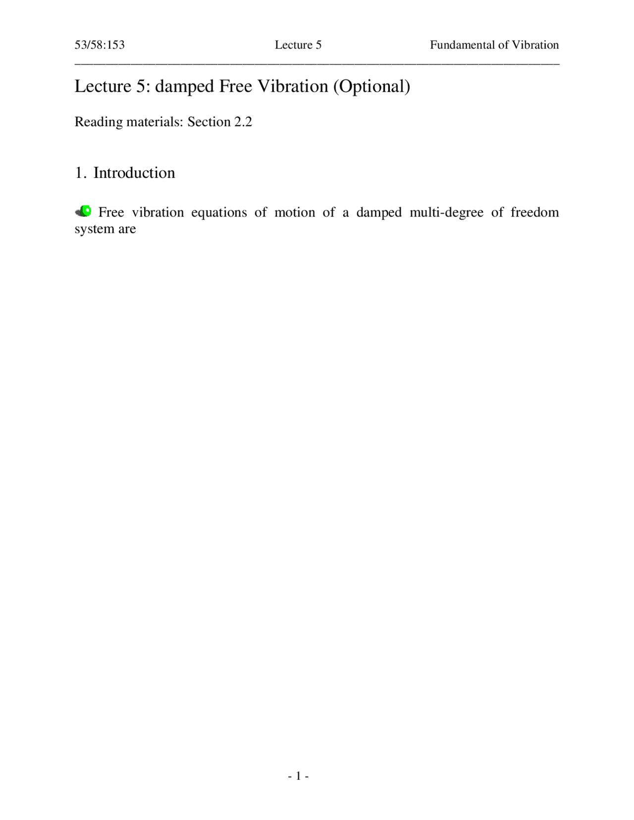Damped Free Vibration Optional Lecture Notes 058 153 Docsity