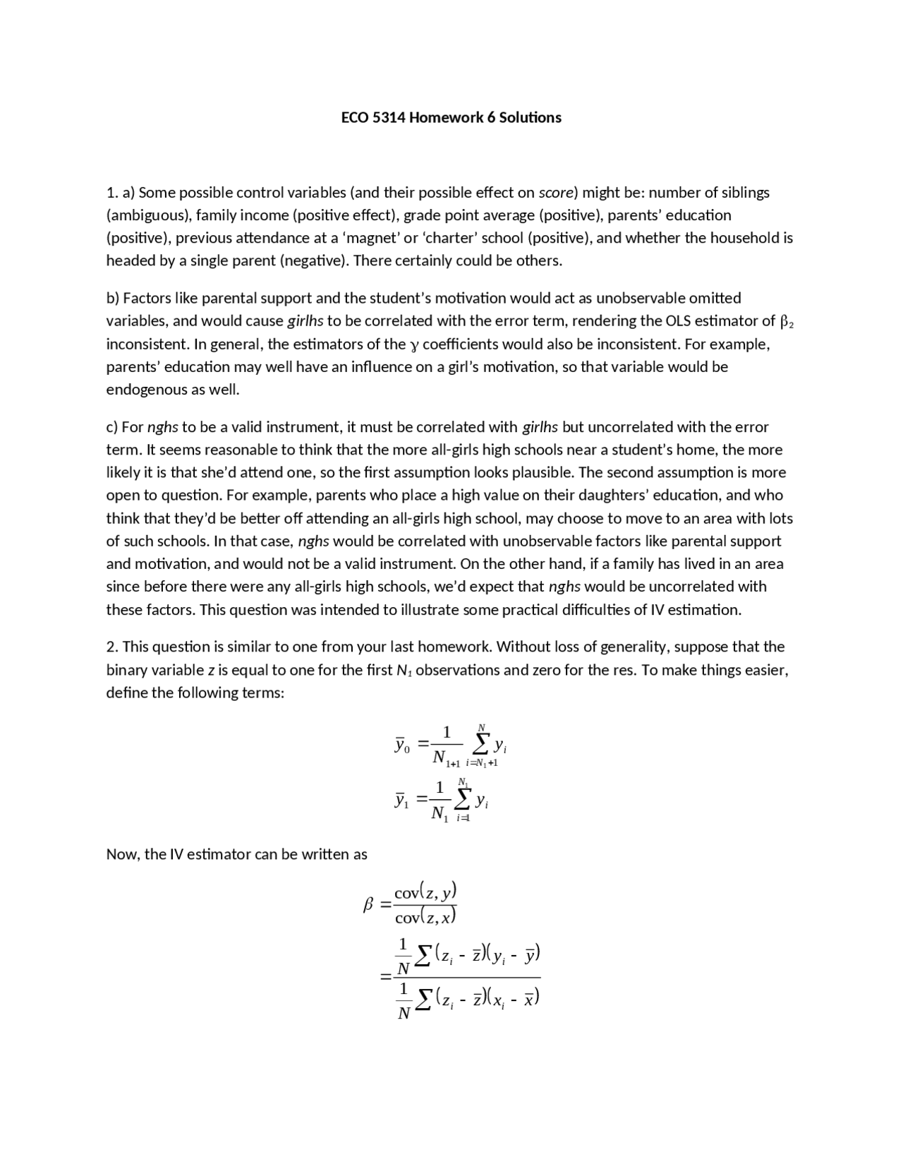 Homework 6 Solutions Econometrics I Eco 5314 Docsity