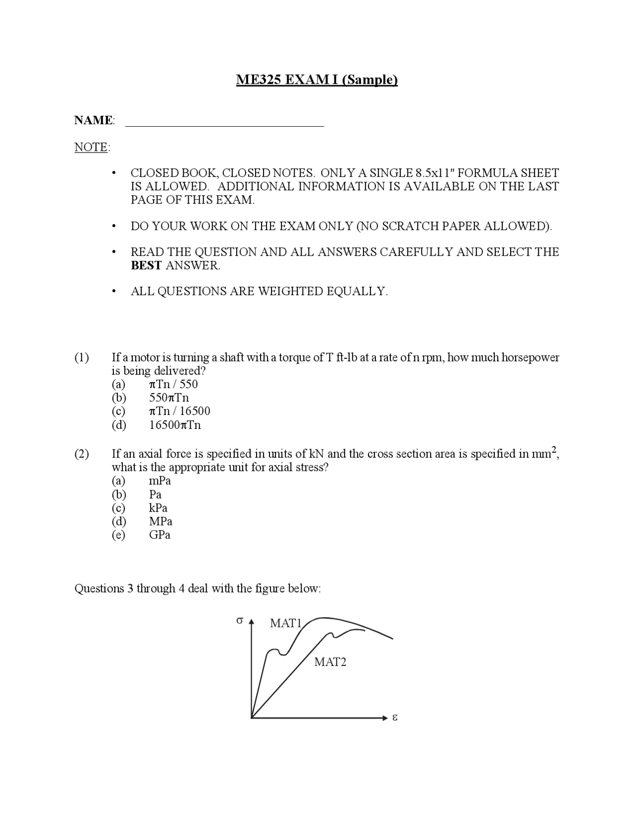 Sample Exam MCQs - Machine Design | MECH 325 - Docsity