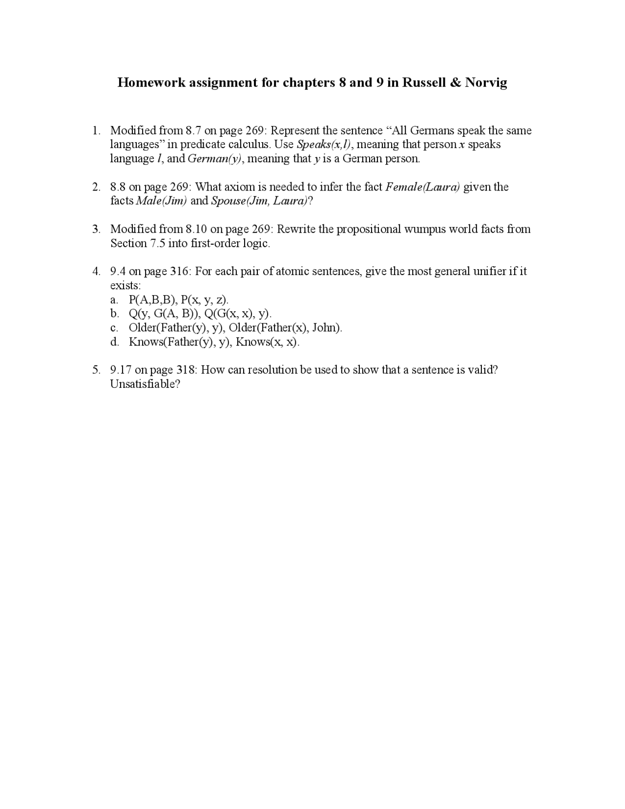 5 Problems On Artificial Intelligence Assignment Cs 4710 Docsity