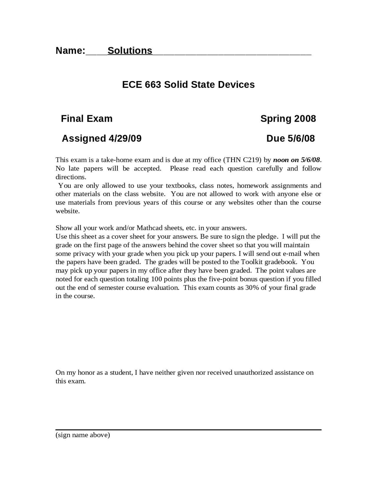 Final Exam With Solutions Solid State Devices Ece 6163 Docsity