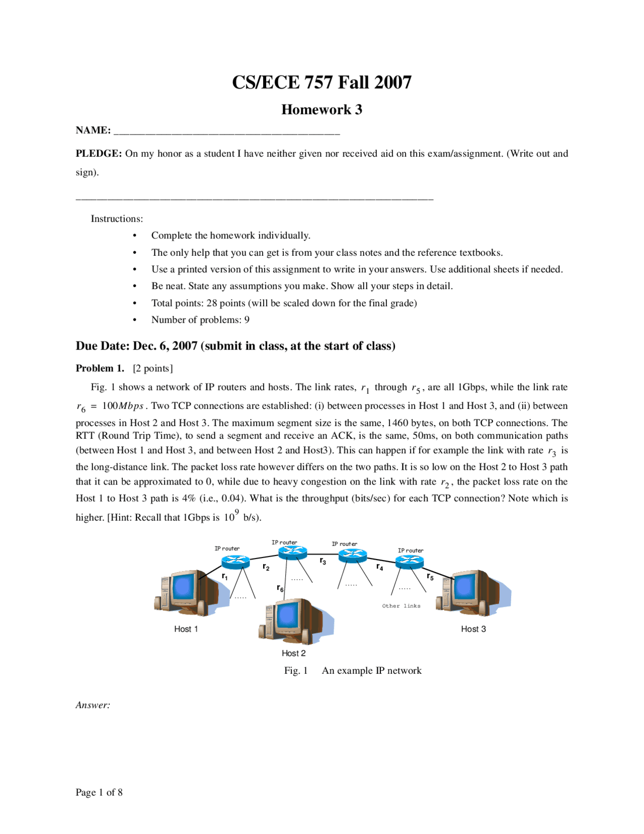 Homework 3 Computer Networks Fall 2007 Ece 7457 Docsity
