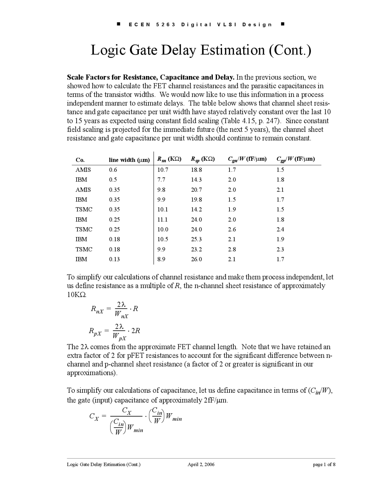 Lecture Notes On Logic Gate Delay Estimate Ecen 5263 Docsity