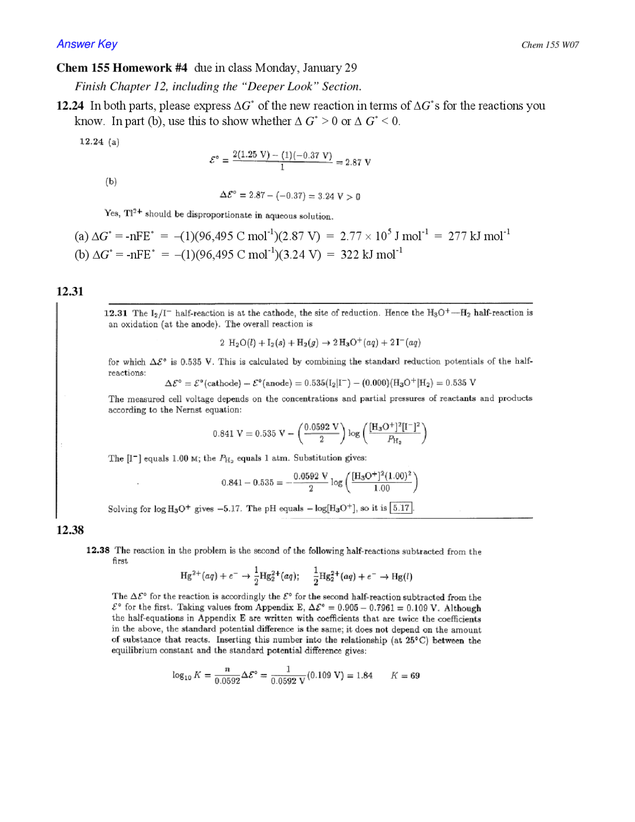 Homework 4 with Answer Key - General Chemistry | CHEM 155 - Docsity