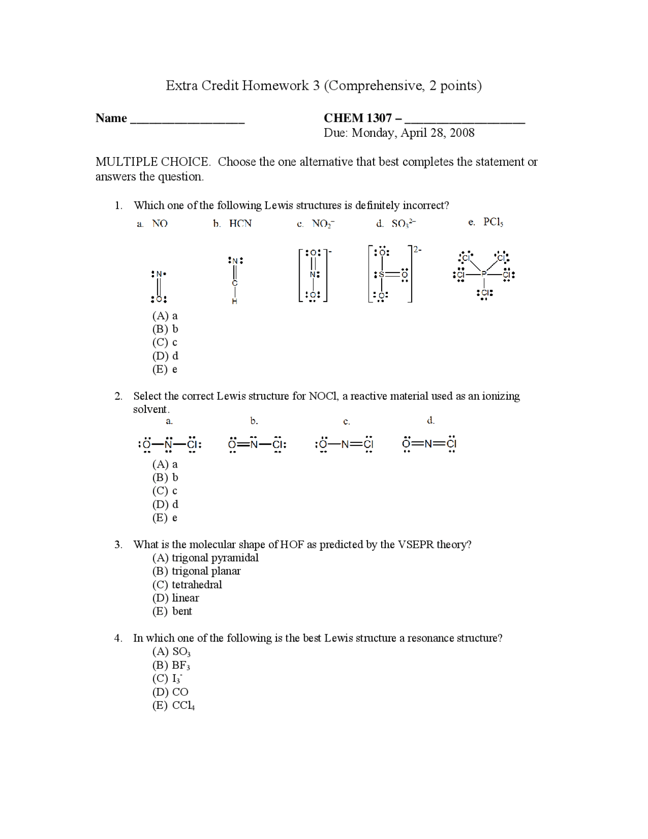 54 Mcqs For Homework 3 Principles Of Chemistry I Chem 1307 Docsity