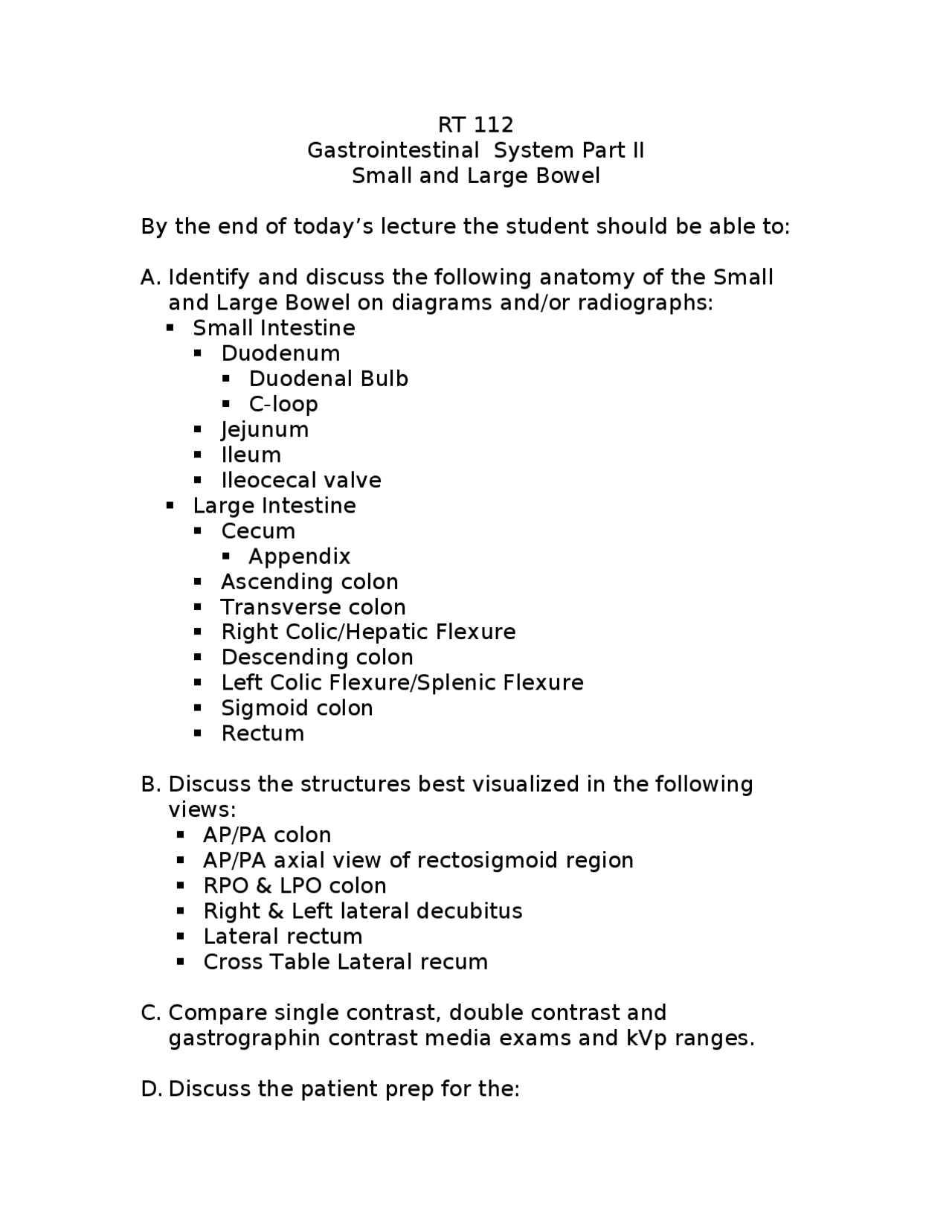 Notes For Small And Large Intestines Rt 112 Docsity