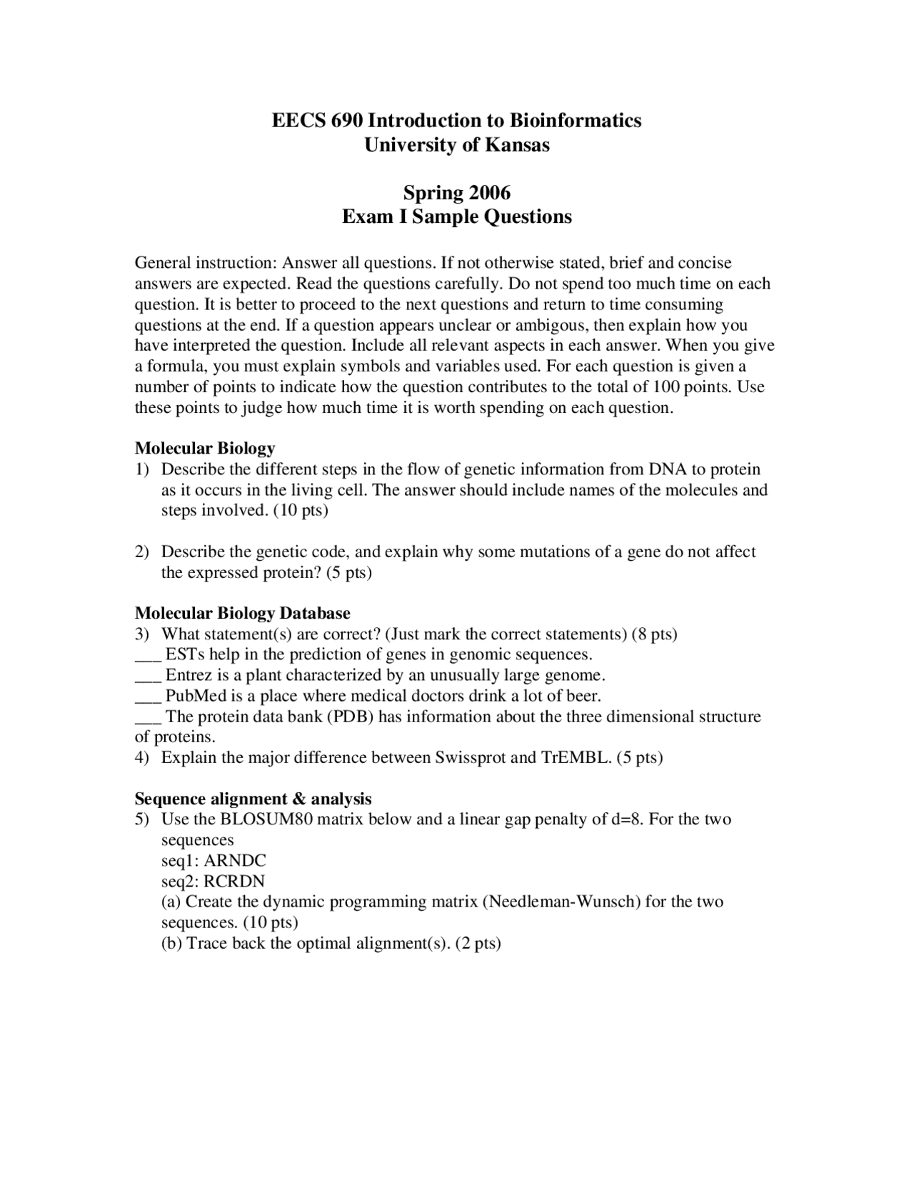 Exam 1 Sample Questions Introduction To Bioinformatics Eecs 690