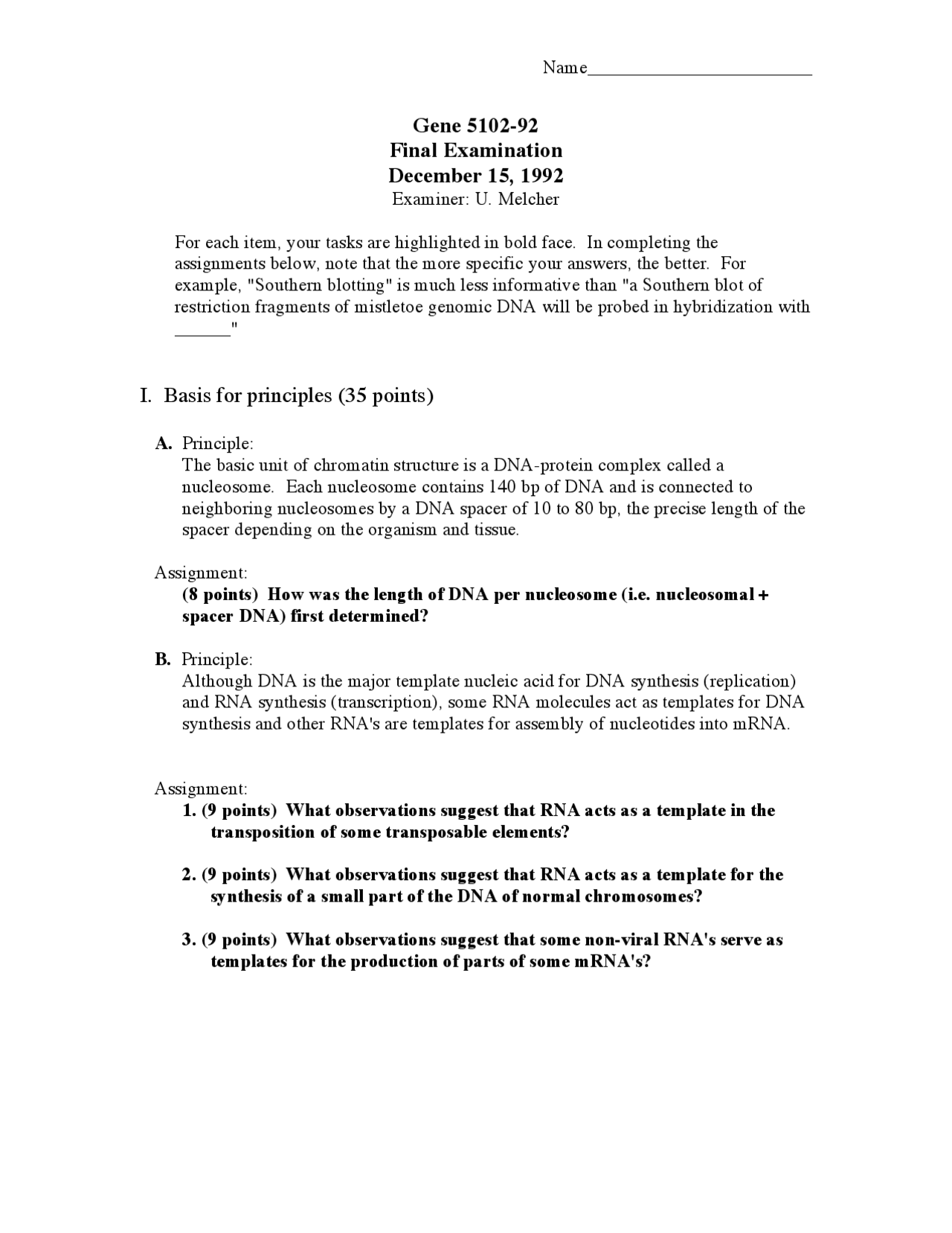 Take Home Final Exam Molecular Genetics Gene 5102 Docsity