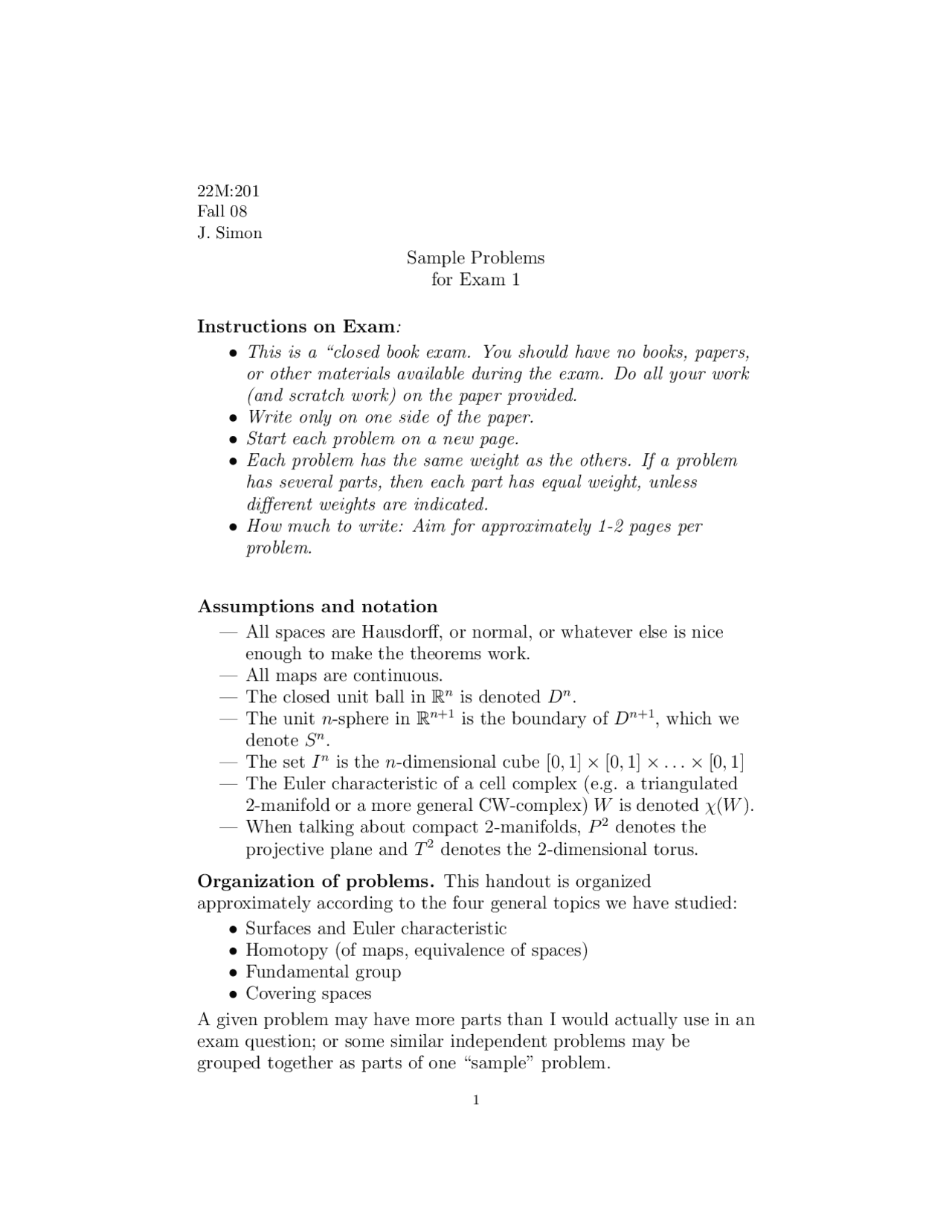 Sample Exam Problems Introduction To Algebraic Topology 22m 201