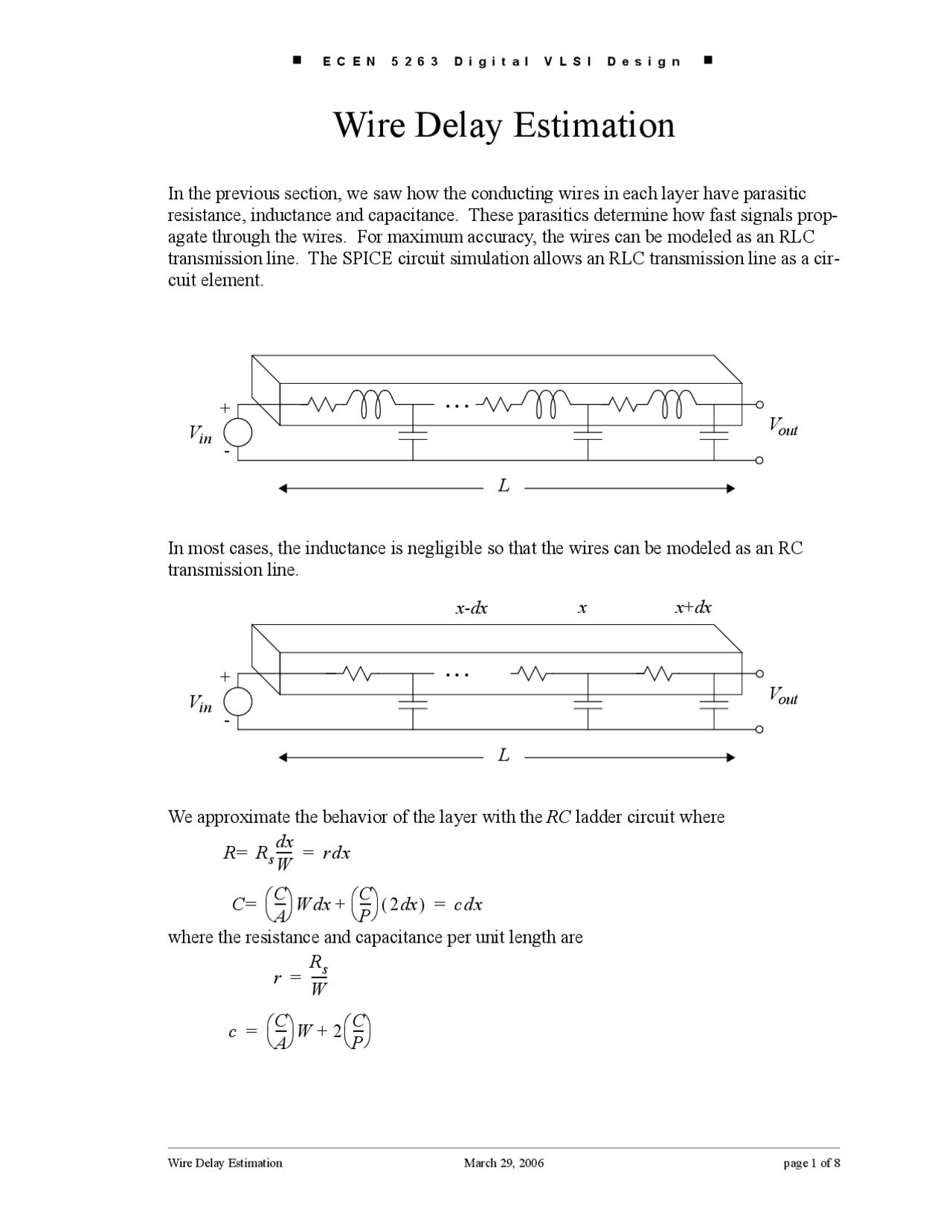 Wire Delay Estimation Lecture Notes Ecen 5263 Docsity