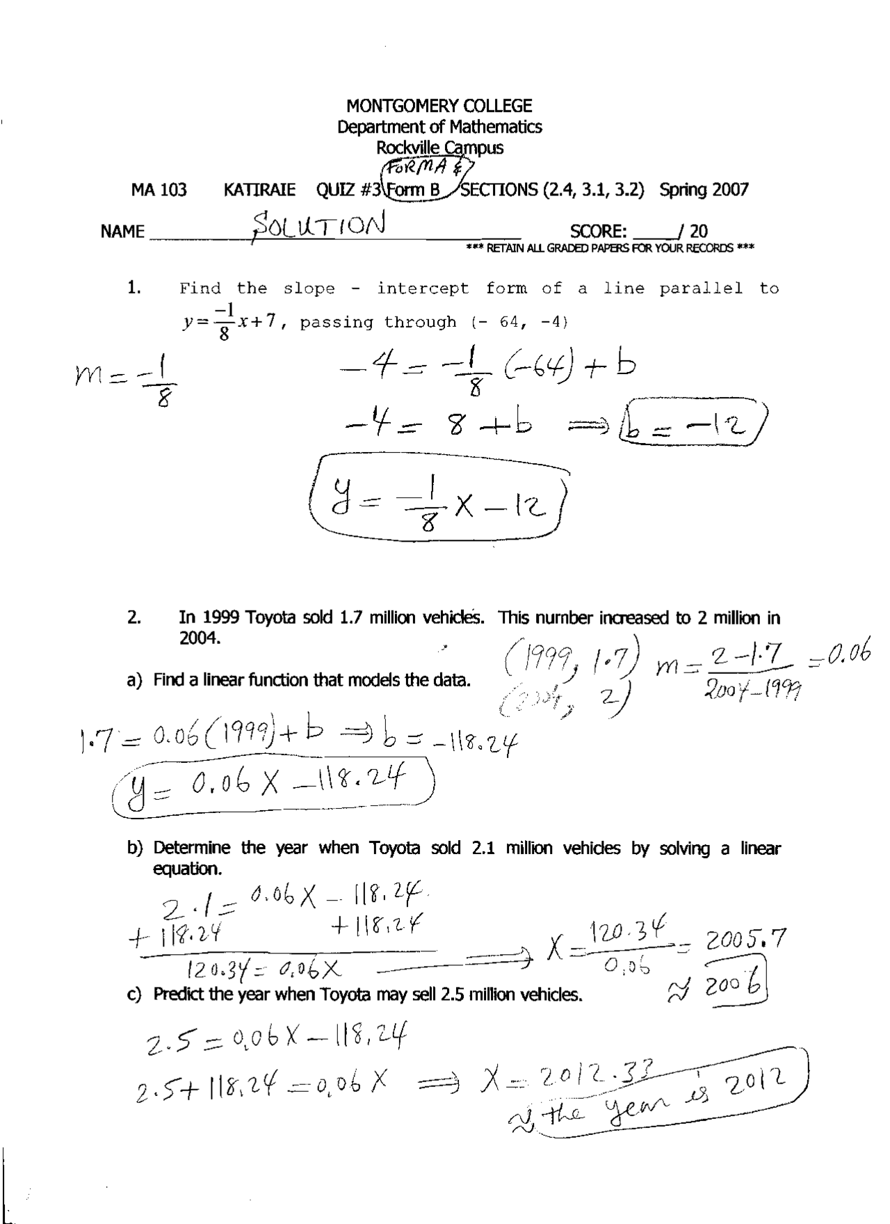 Quiz 3b Solutions Intermediate Algebra Ma 103 Docsity